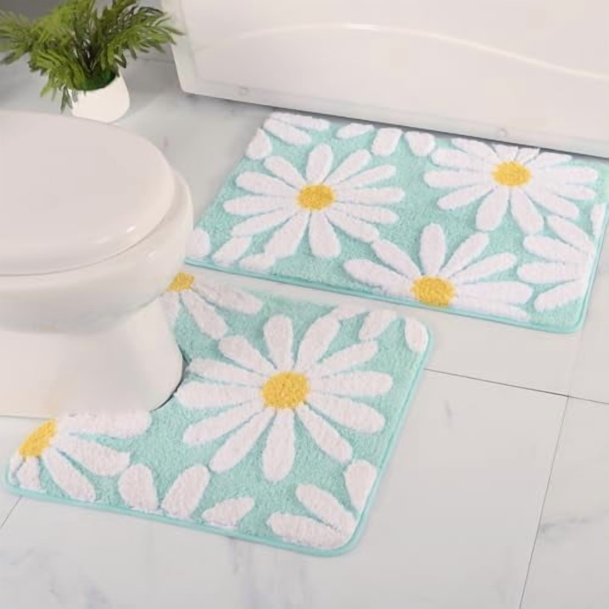 Bathroom Rug Set 2 Piece, Cute Daisy Bath Mat Green Toilet Rug U Shaped ...
