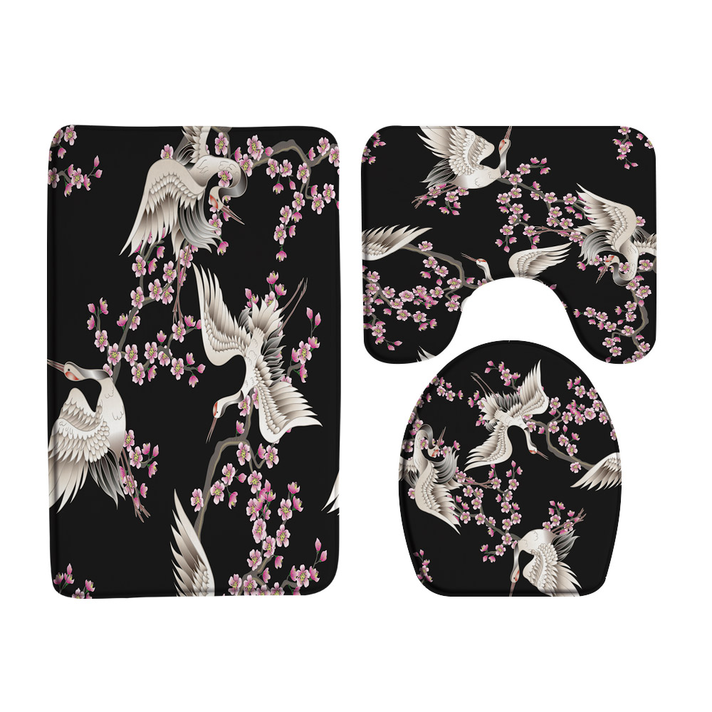 Bathroom Rug Set 3Pcs Bath Mat Oriental Style Crane Landscape U-Shaped ...