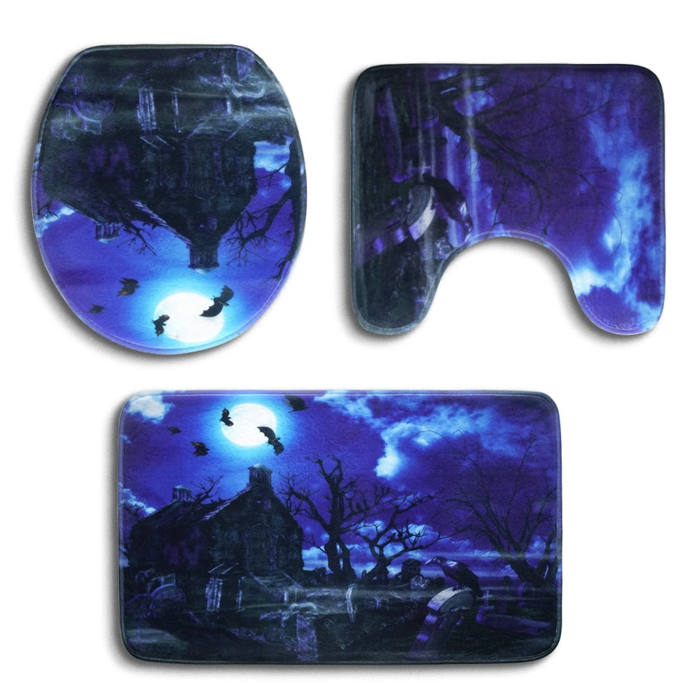 Movsou 3 Piece Halloween Bath Rug Set: Non-Slip Rubber Pumpkin Lantern ...