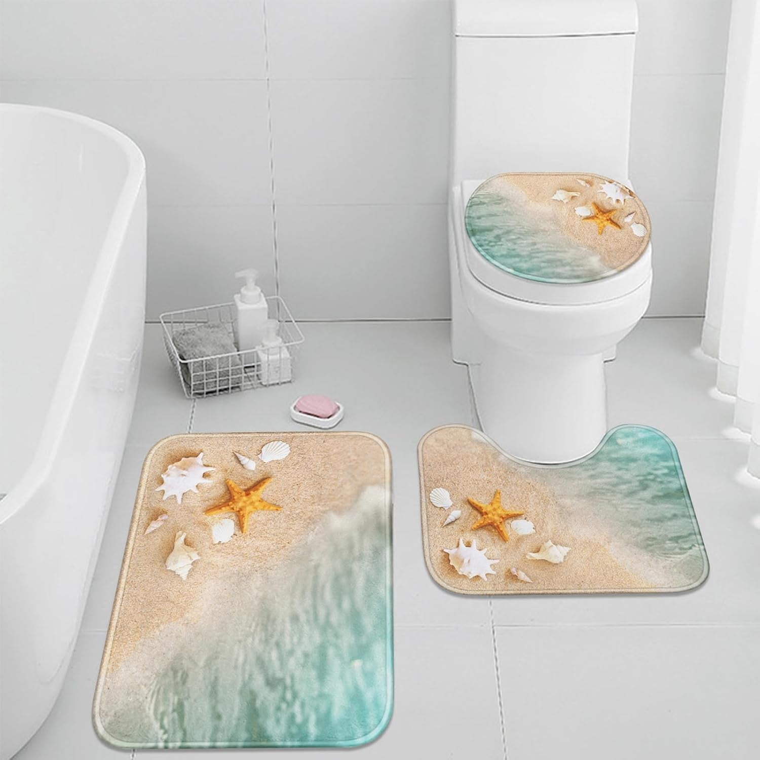 Bathroom Rug Set of 3, 3 Pieces Bath Mats Set, Beach Starfish No Silp Washable Cover Floor Rug ...