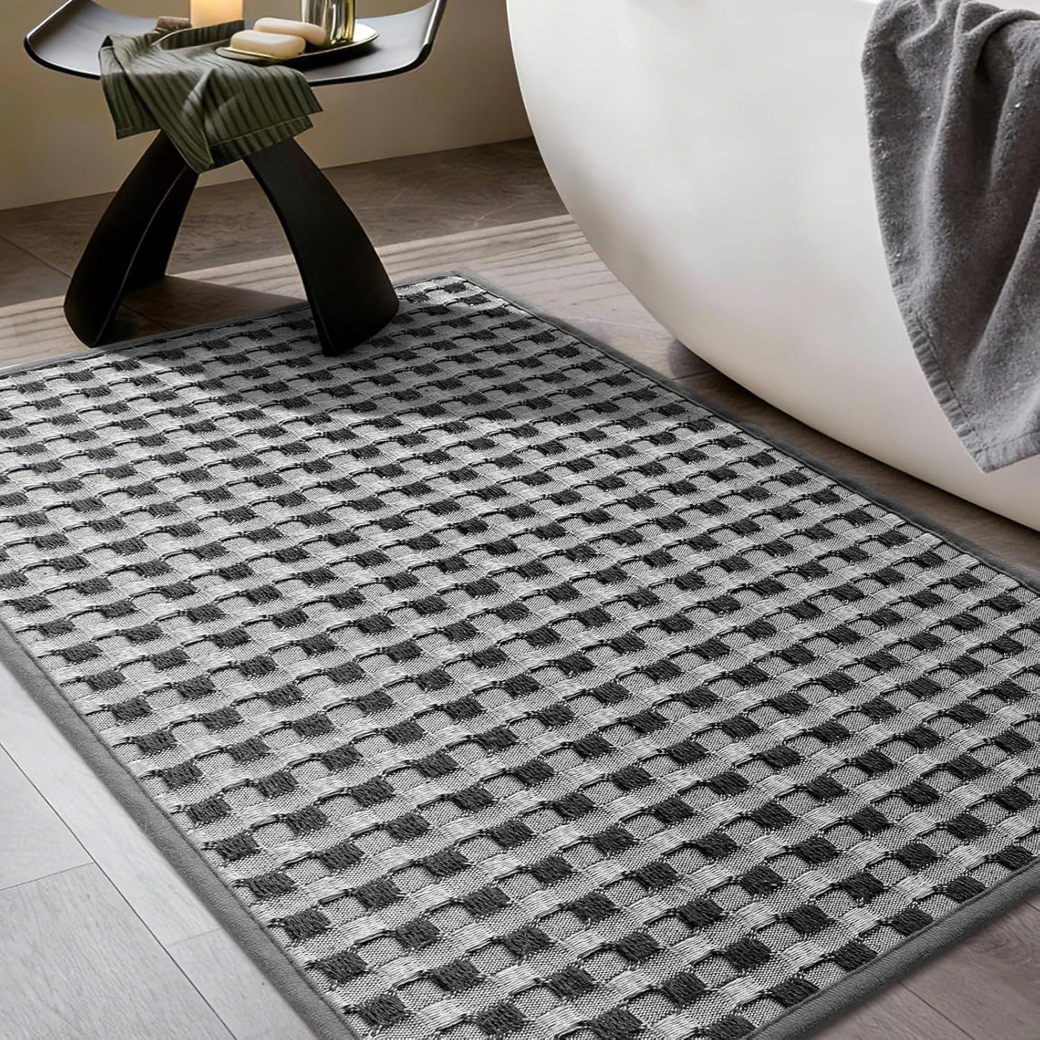 Bathroom Rugs 16" x 24", Ultra Thin Checkered Weave Bath Mat - Soft ...