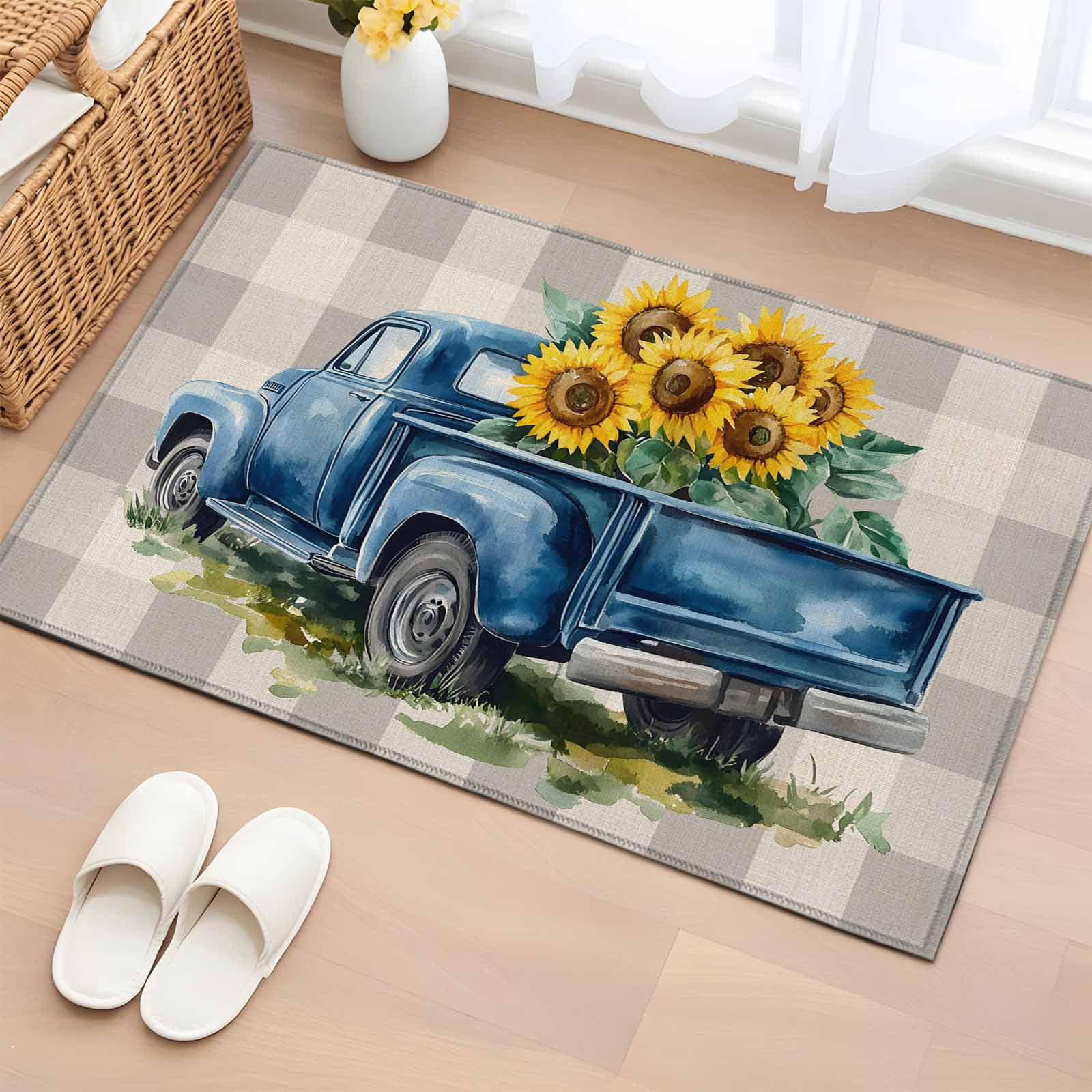 Bathroom Rugs 2x3 Ft, Blue Truck Yellow Sunflower Non Slip Area Rugs ...