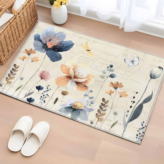 Bathroom Rugs 2x3 Ft, Blue Yellow Flowers Non Slip Area Rugs for ...