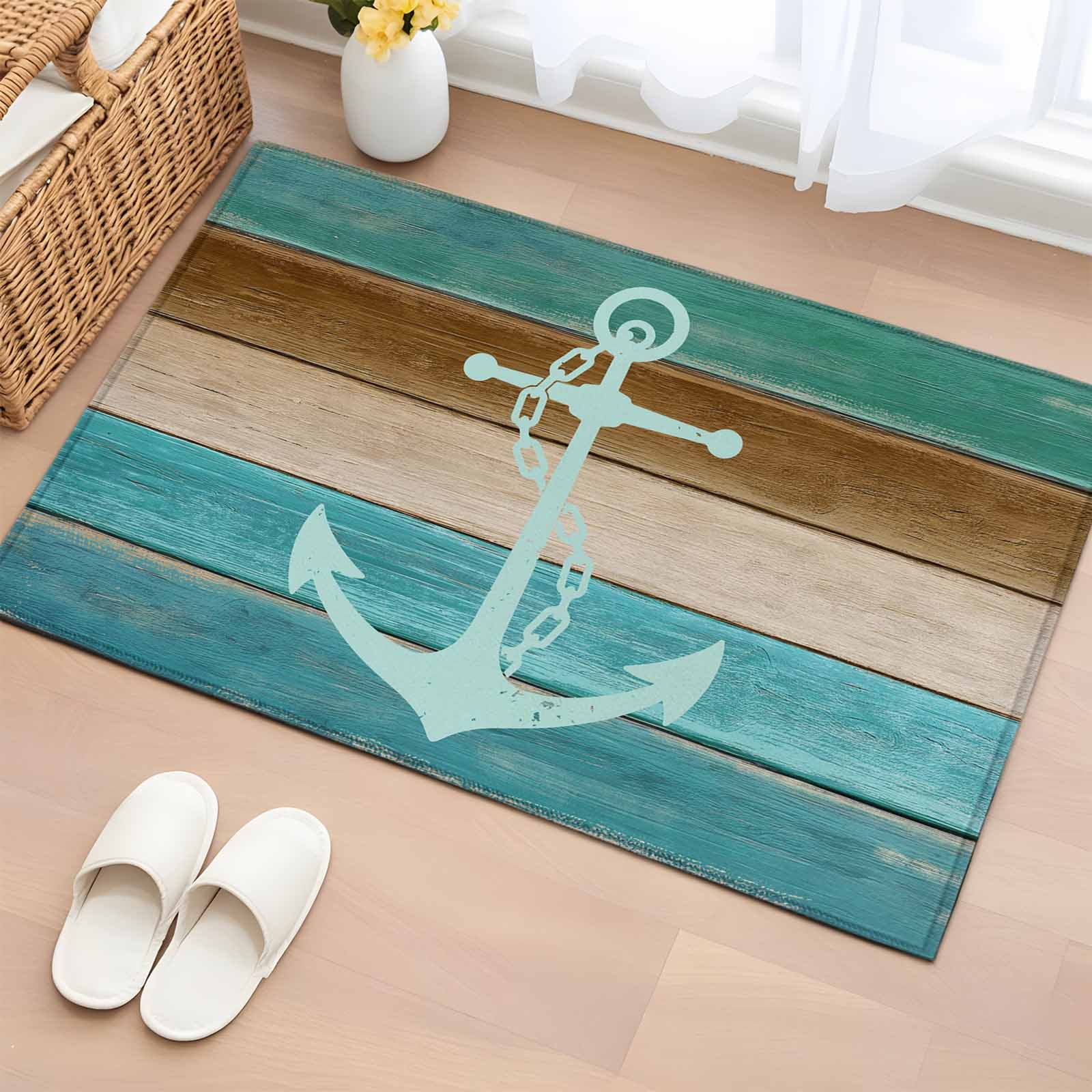Bathroom Rugs 2x3 Ft, Teal Brown Anchor Non Slip Area Rugs for Kitchen ...