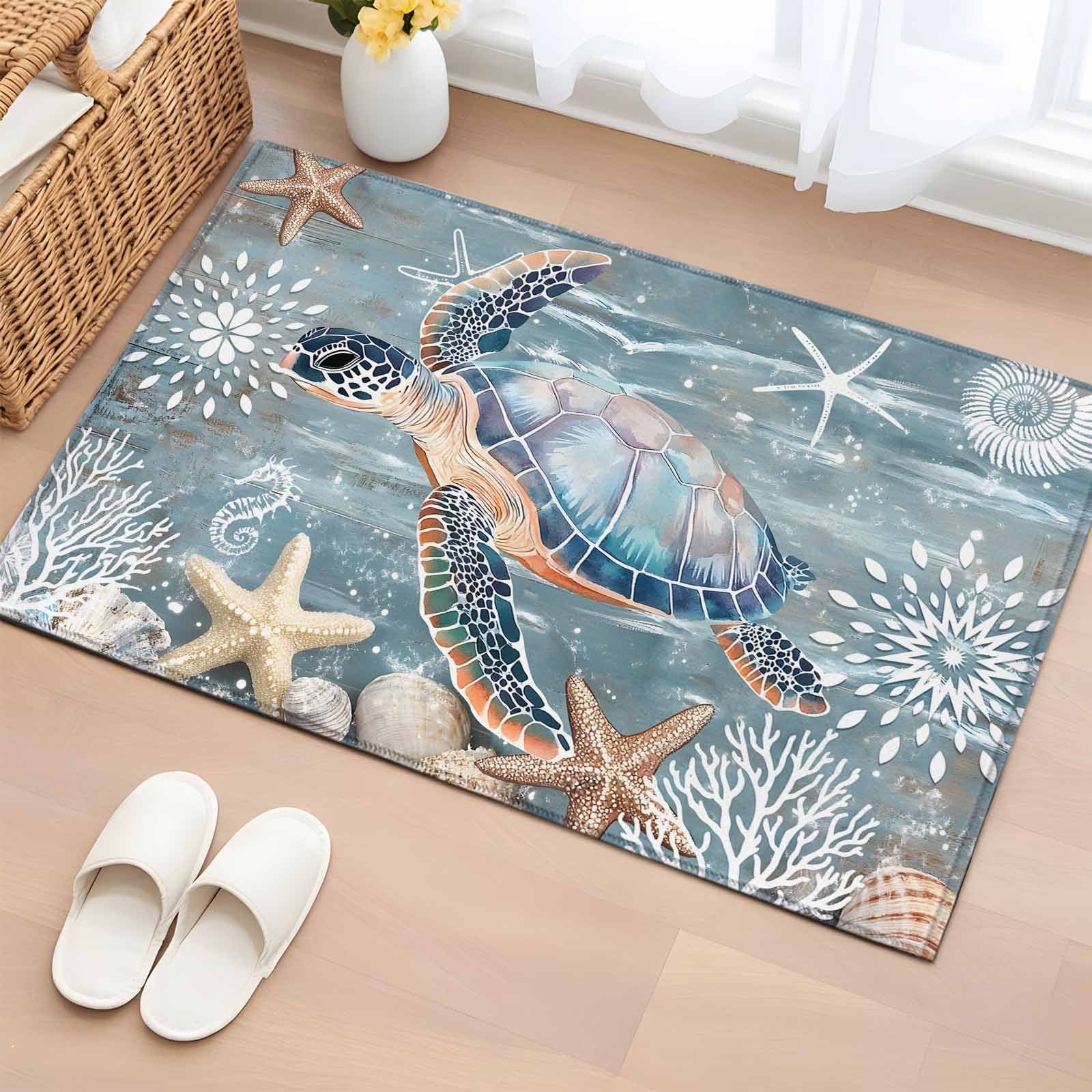 Bathroom Rugs 2x3 Ft, Teal Coastal Turtle Non Slip Area Rugs for ...