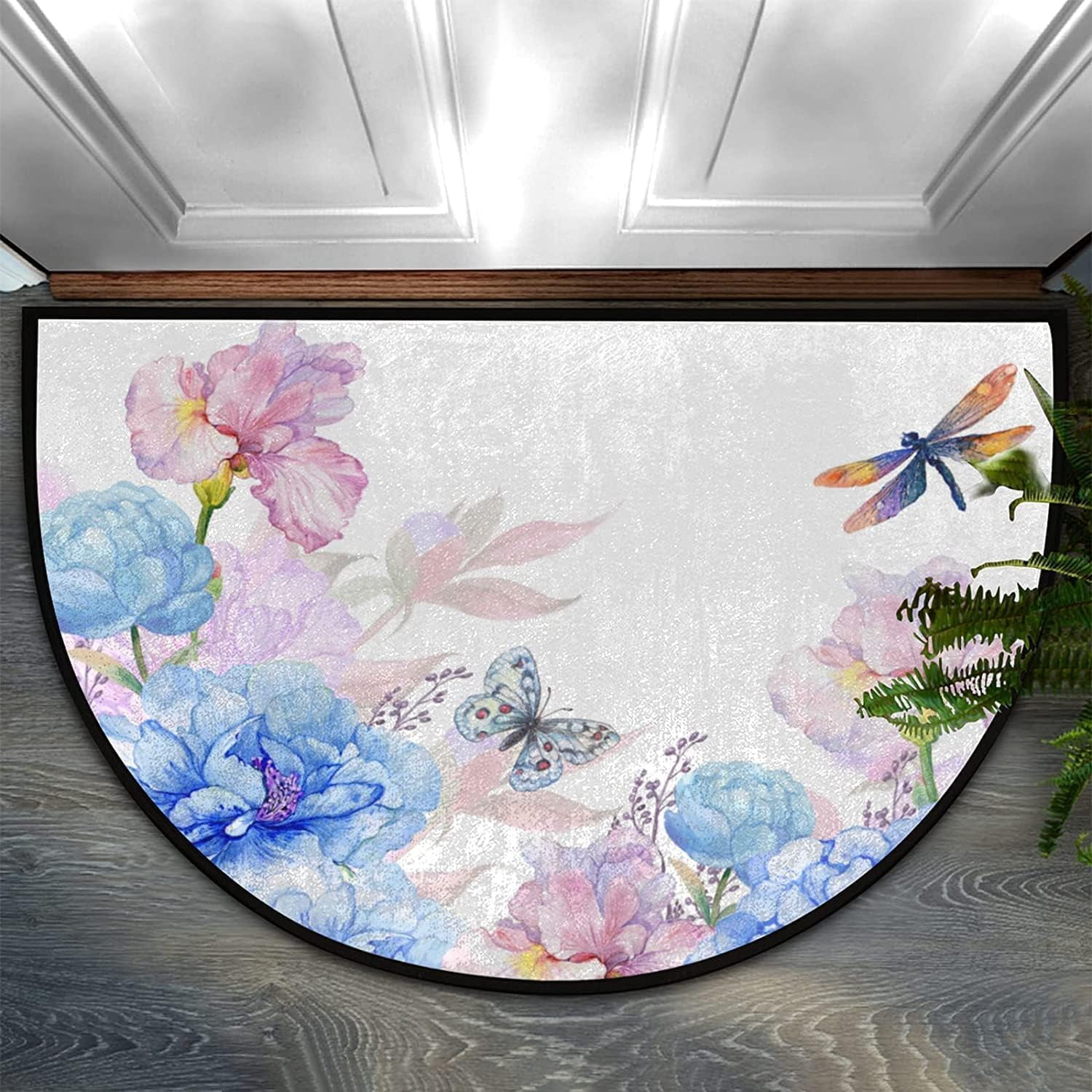 Bathroom Rugs Blue Hydrangea Bellflower Butterfly Dragonfly Half Round ...