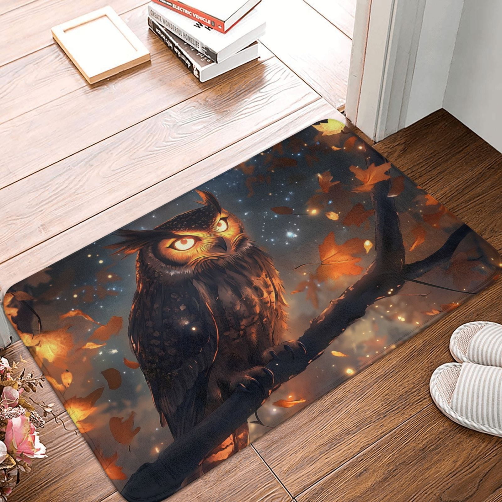 Bathroom Rugs Mat - Autumn Owl Maple Leaves Entryway Indoor Door Mat ...