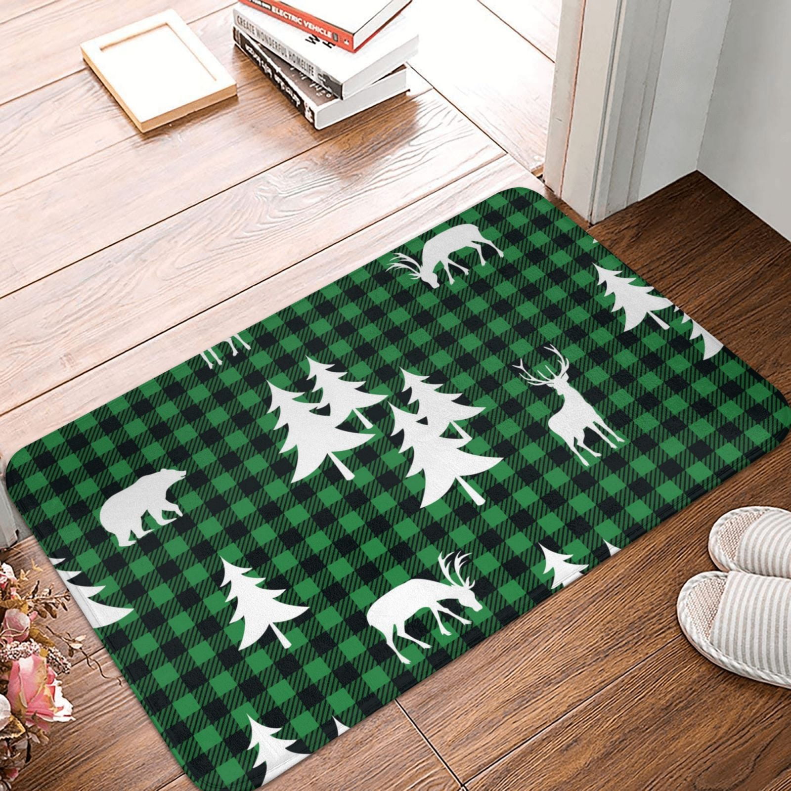 Bathroom Rugs Mat, Christmas tree green plaid Non Slip Bath Kitchen Mat ...