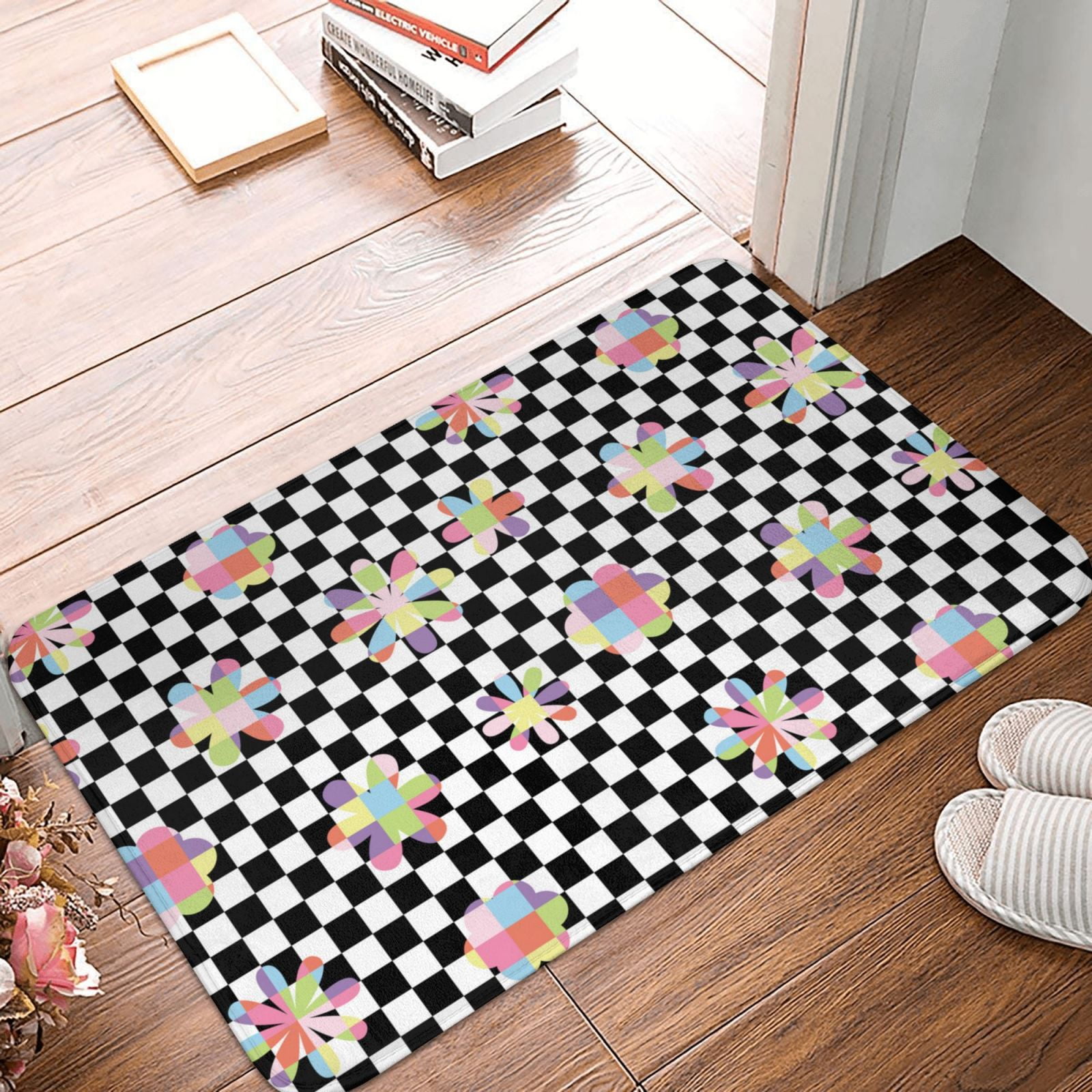 Bathroom Rugs Mat - Floral Flower Checkerboard 90s Y2K Entryway Indoor ...