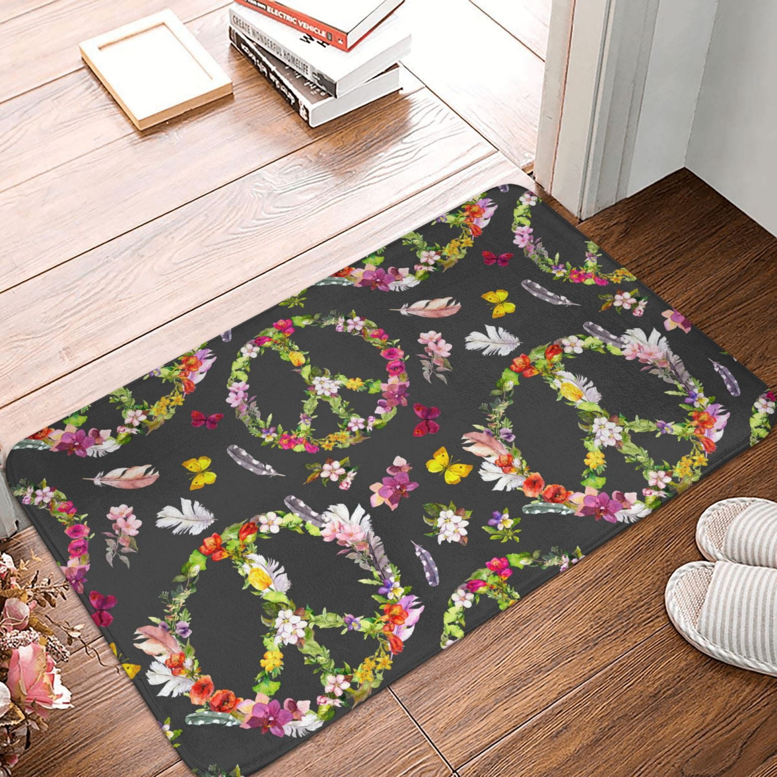 Bathroom Rugs Mat - Peace sign flowers butterfly feathers Entryway ...