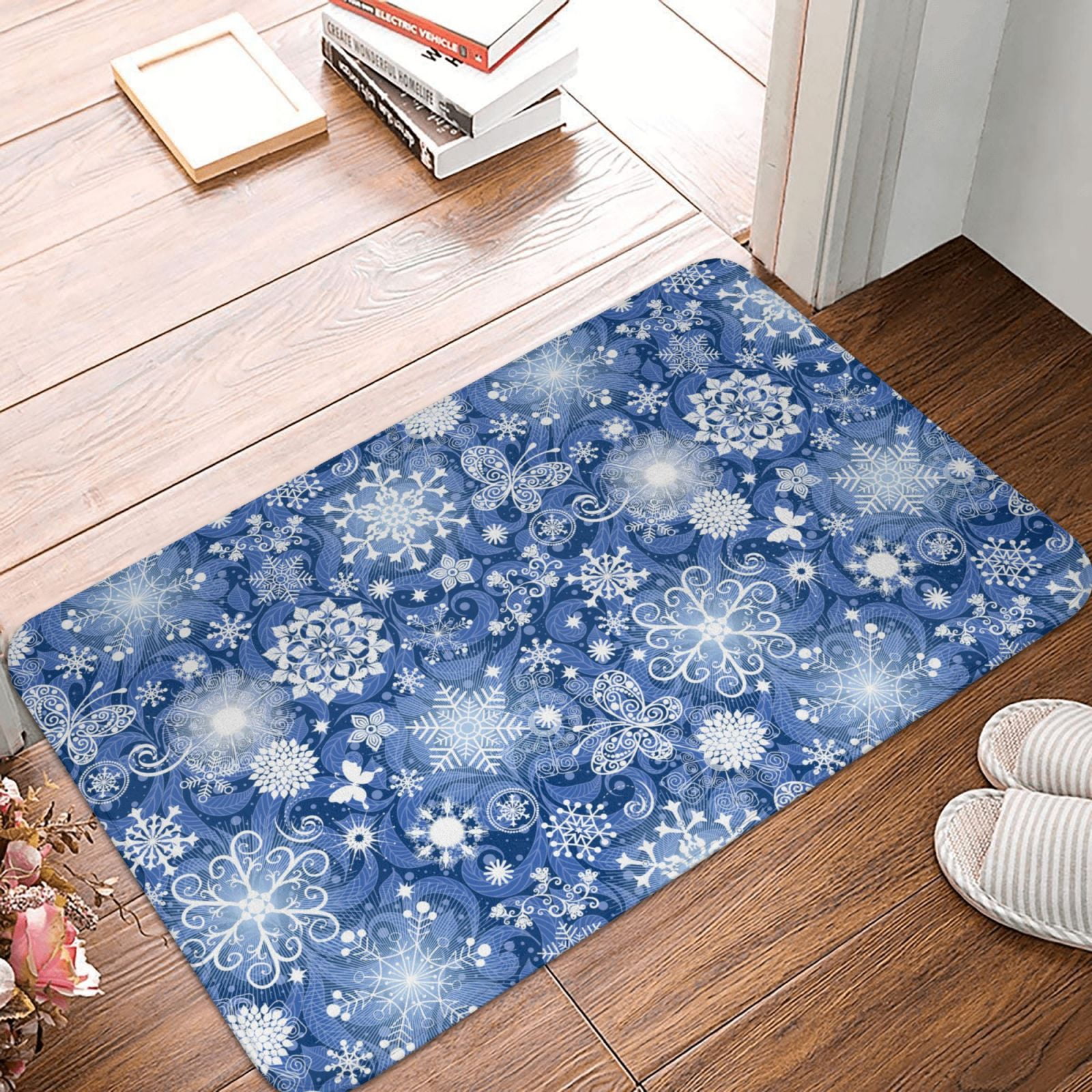 Bathroom Rugs Mat - whiet Snowflake blue background Entryway Indoor ...