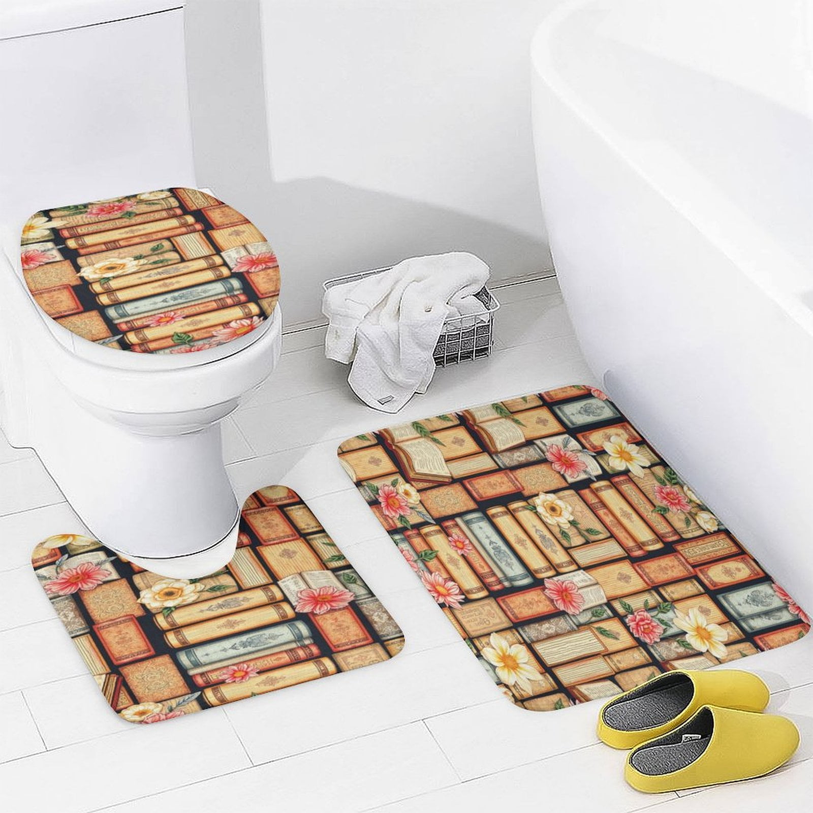 Bathroom Rugs Mats Set 3 Piece Non Slip Bath Rugs Books Flowers ...