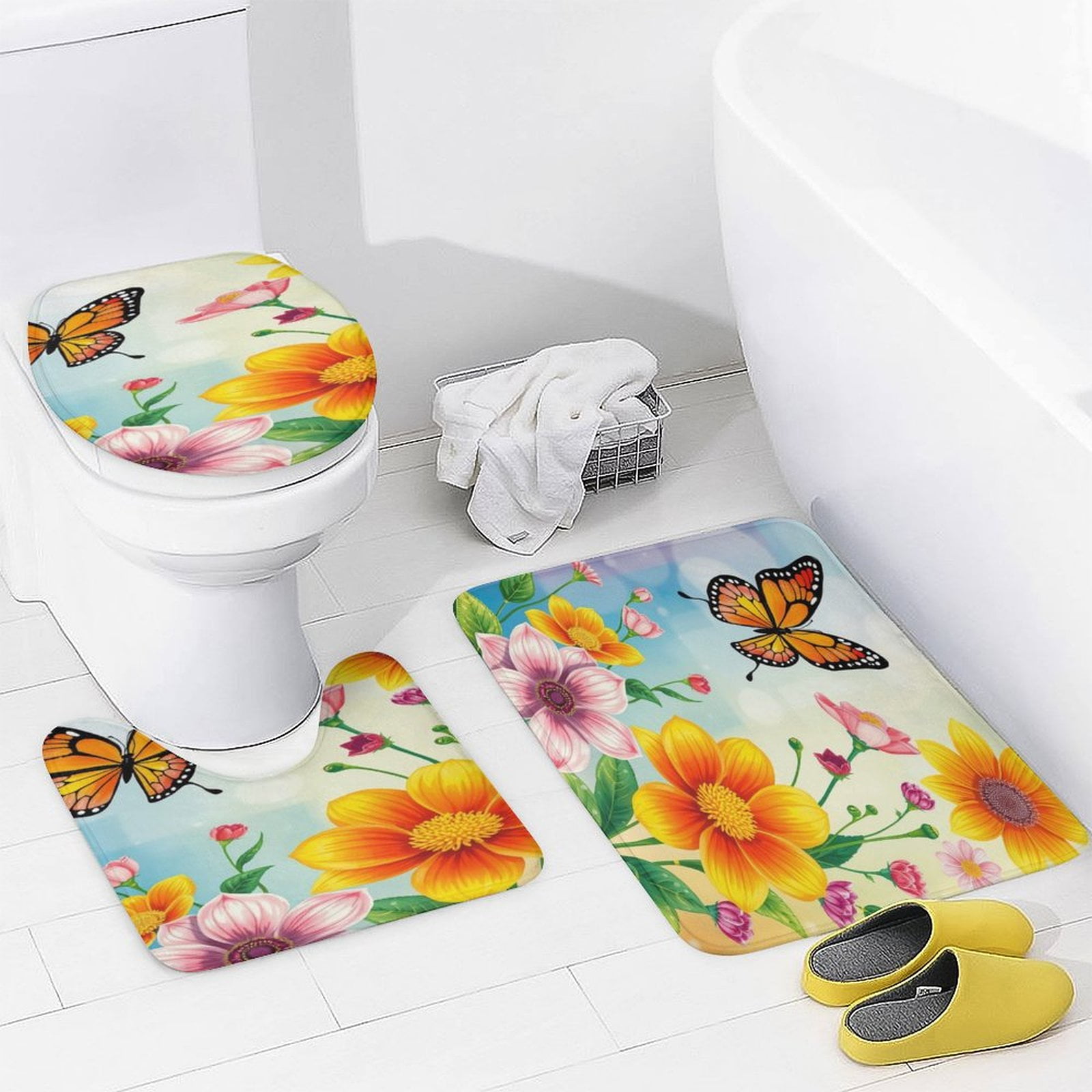 Bathroom Rugs Mats Set 3 Piece Non Slip Bath Rugs Butterfly Flowers ...