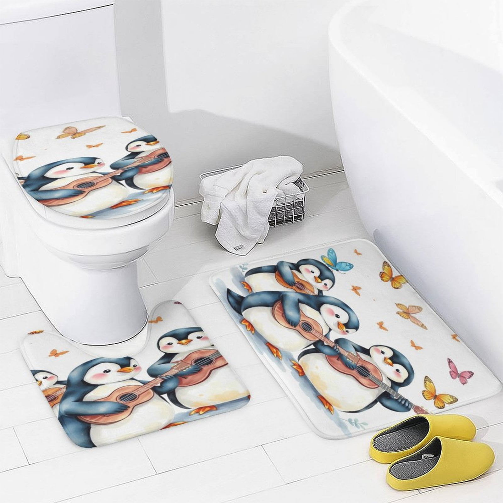 Bathroom Rugs Mats Set 3 Piece Non Slip Bath Rugs Cute Penguin Water ...