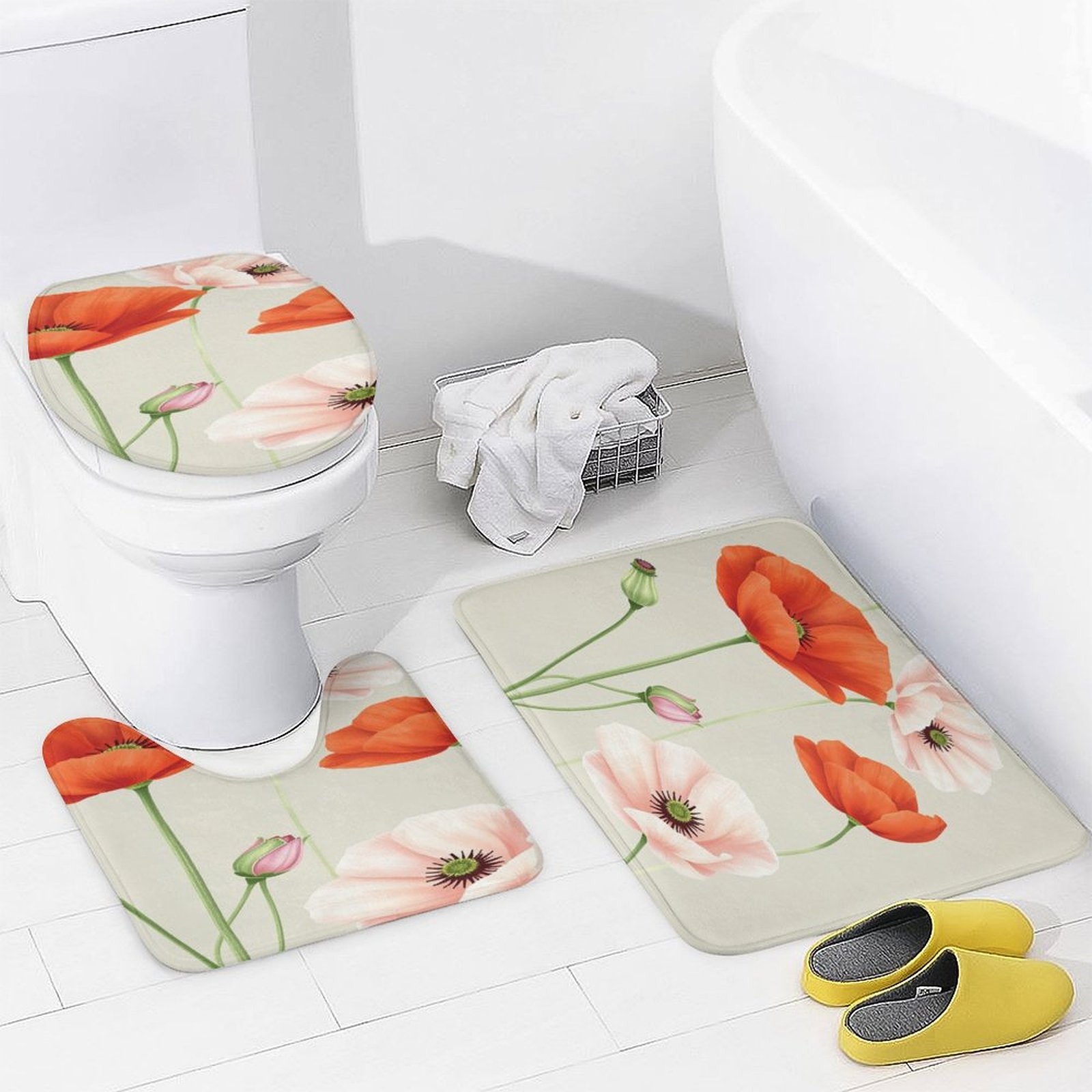 Bathroom Rugs Mats Set 3 Piece Non Slip Bath Rugs Flower Red Poppy ...