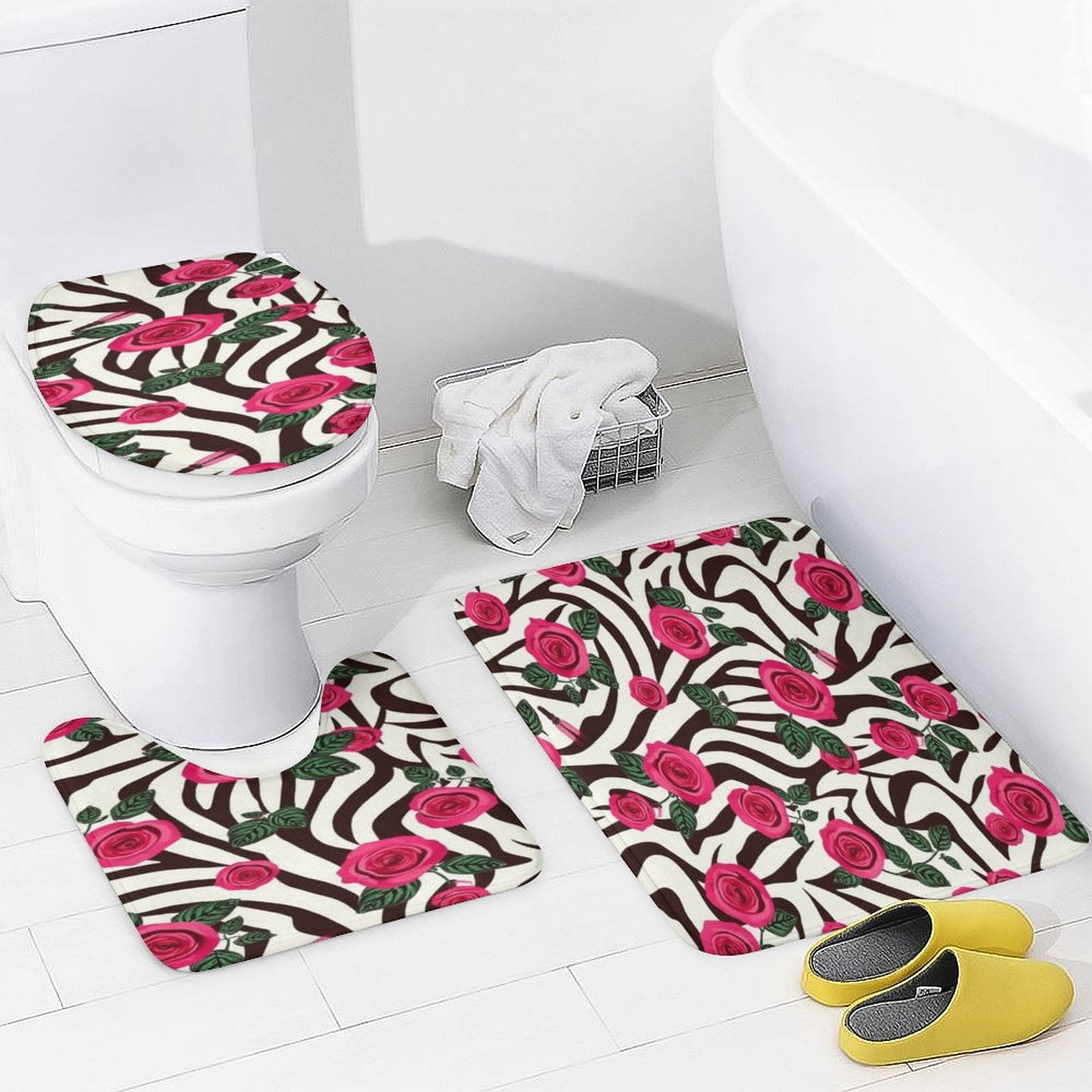 Bathroom Rugs Mats Set 3 Piece Non Slip Bath Rugs Rose And Zebra Print ...