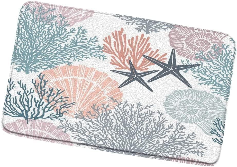 Bathroom Rugs Nautical Coastal Bath Mat Starfish Seashell Coral Reef ...