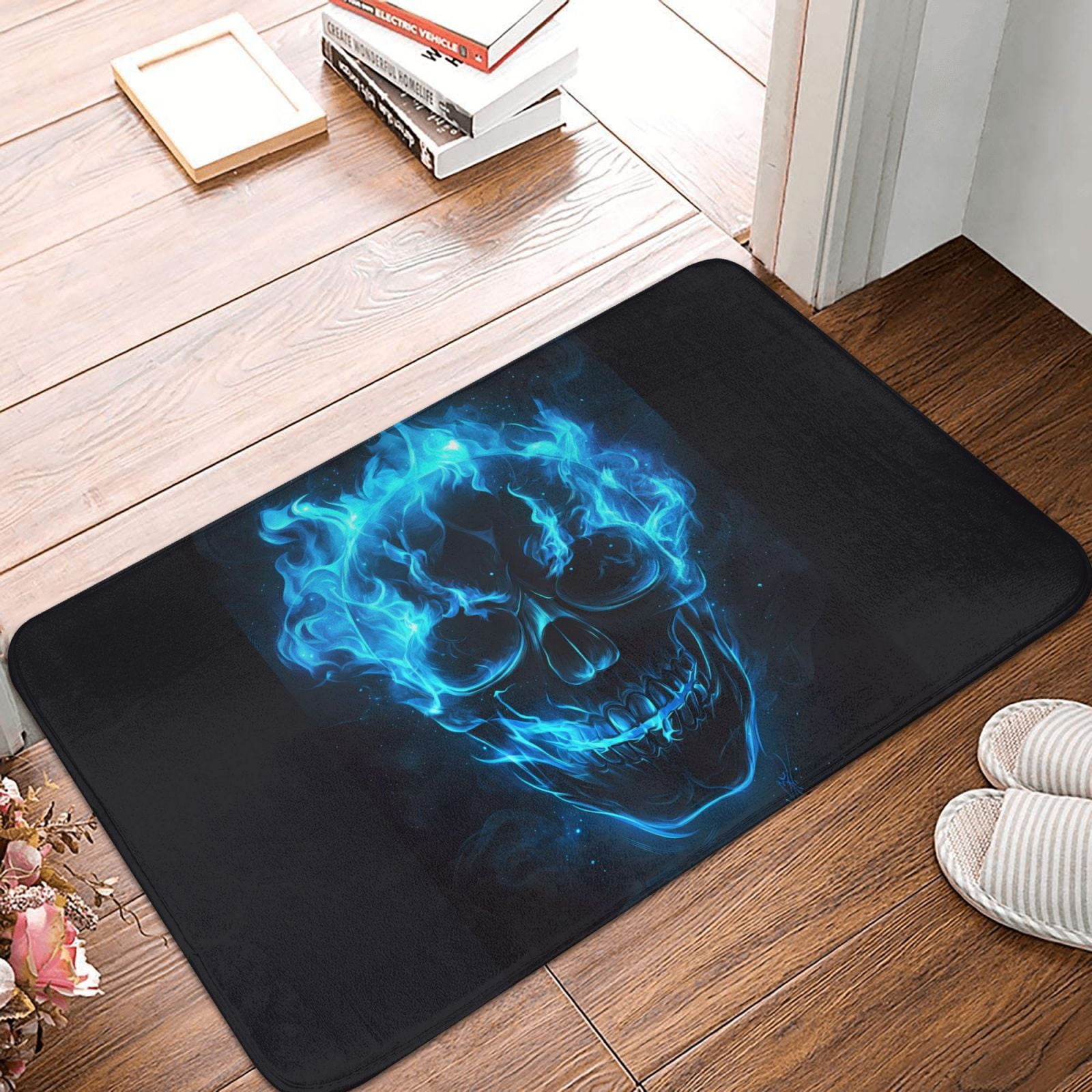 Bathroom Rugs Non Slip Washable, Blue Fire Skull Water Absorbing Bath ...
