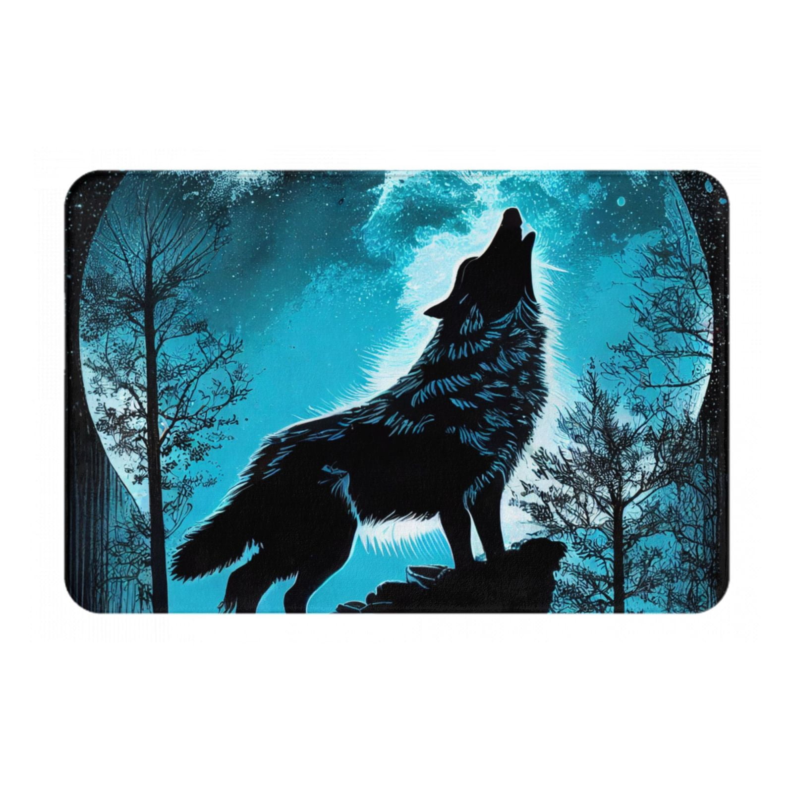 Bathroom Rugs Non Slip Washable, Blue Full Moon Wolf Water Absorbing ...