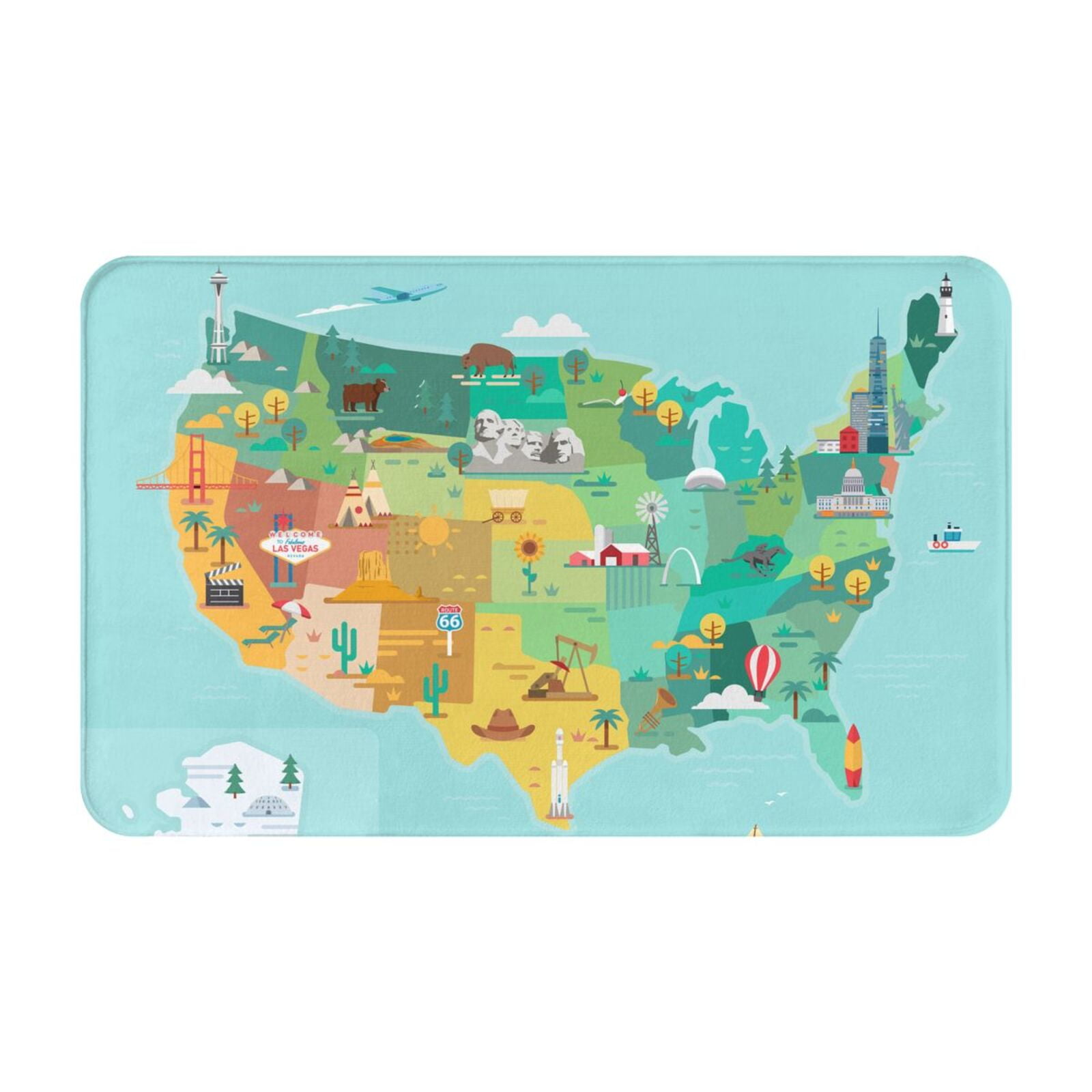 Bathroom Rugs Non Slip Washable - USA Tourist Map With Famous Landmarks ...