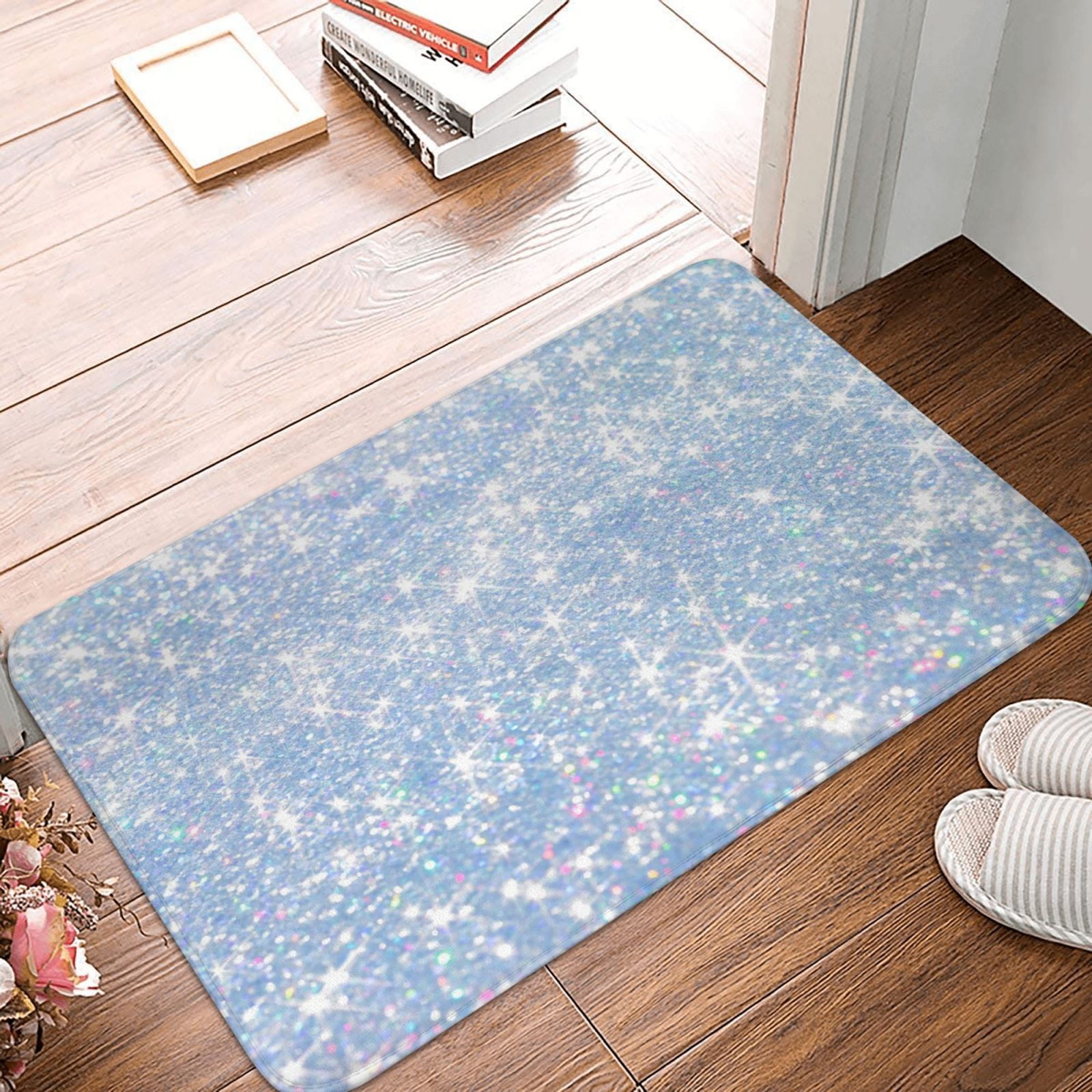 Bathroom Rugs Non Slip Washable, White Bule Glitter Water Absorbing ...
