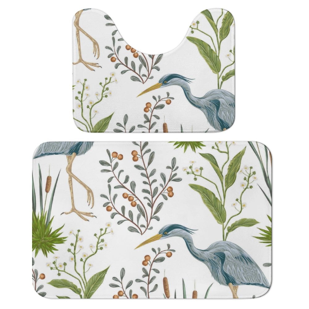 Bathroom Rugs Set 2 Pieces, Vintage Heron Bird Swamp Plants Bathroom ...