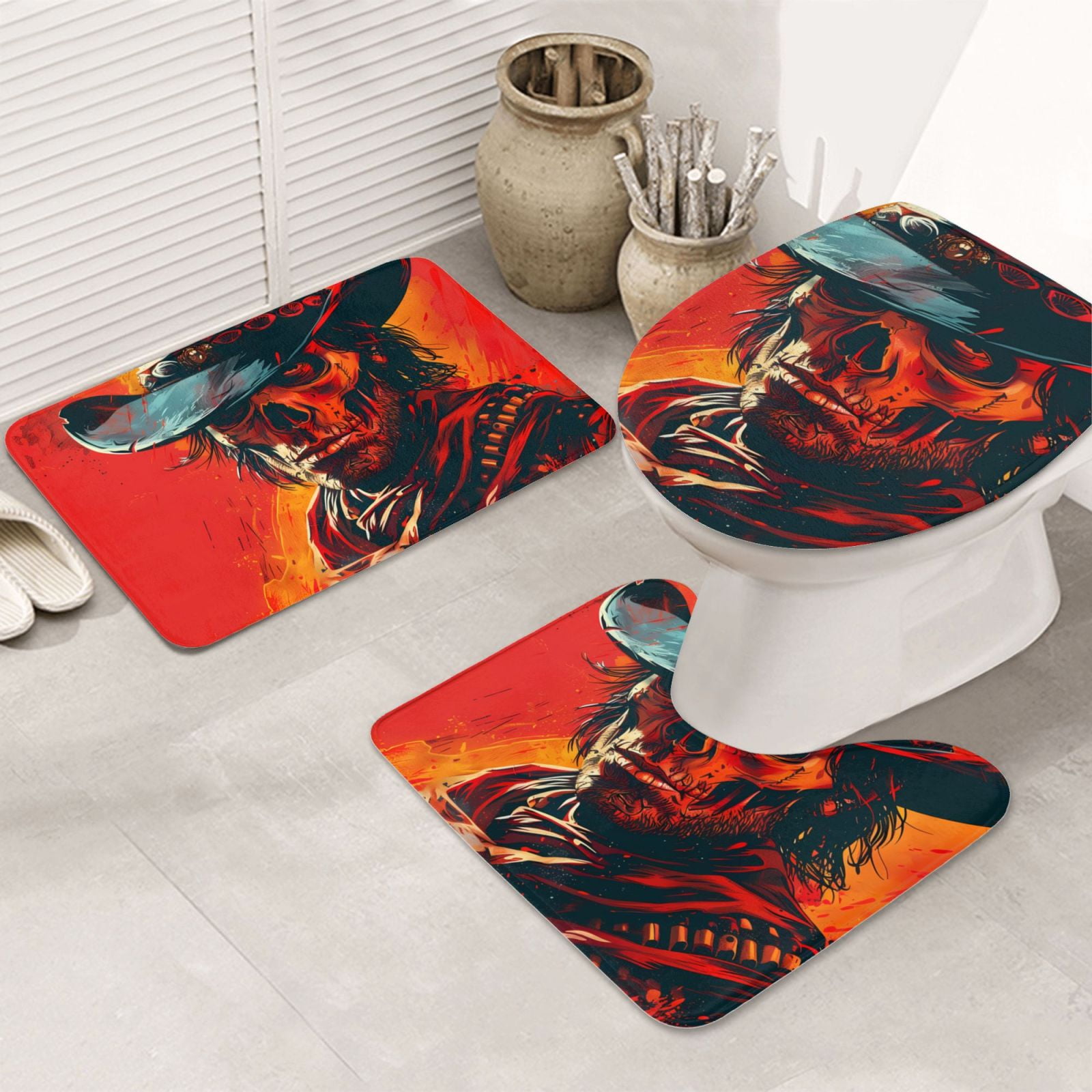 Bathroom Rugs Set 3 Piece - 60s Western Skull Cowboy, Non-Slip Bath ...