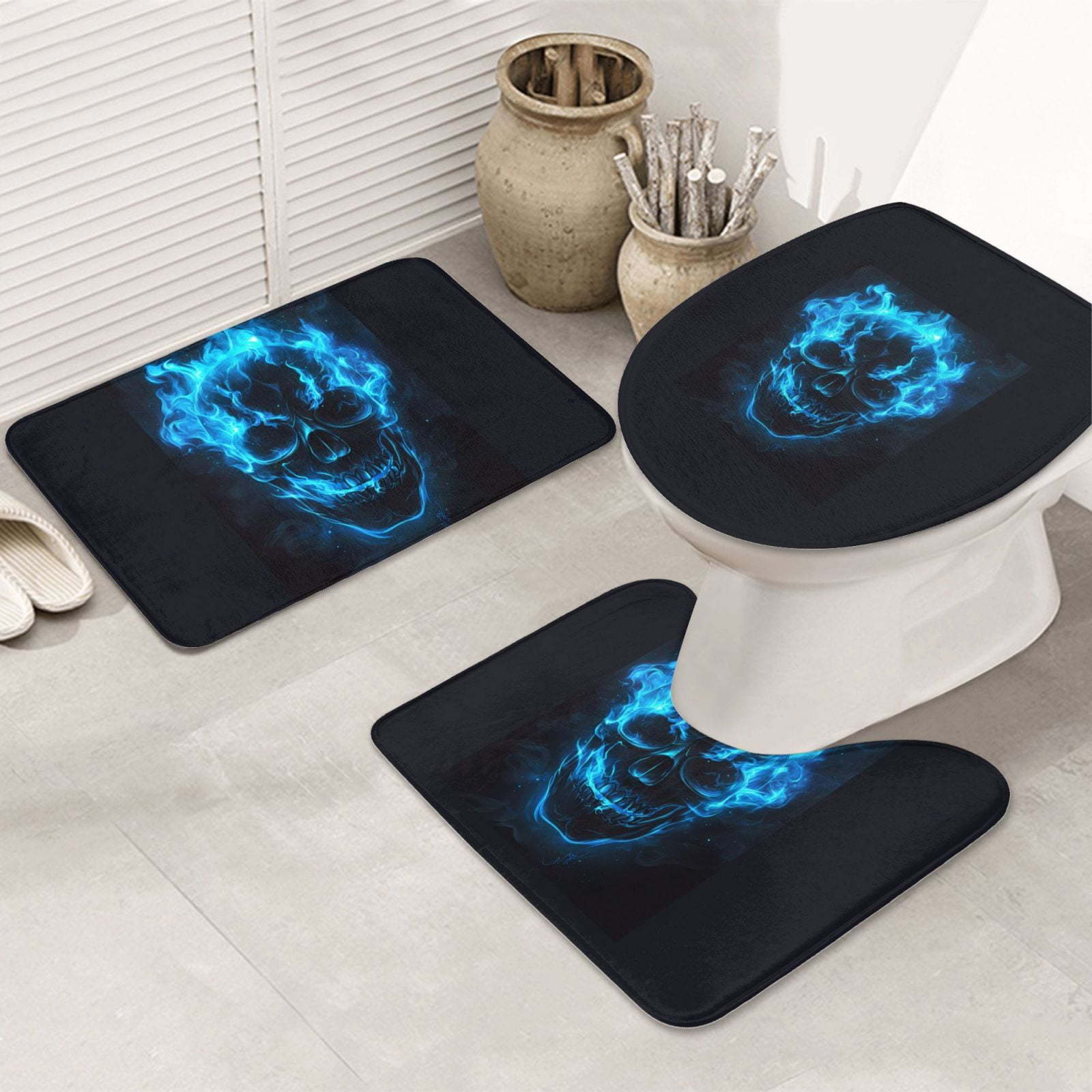 Bathroom Rugs Set 3 Piece - Blue Fire Skull, Non-Slip Bath Mats, Toilet ...