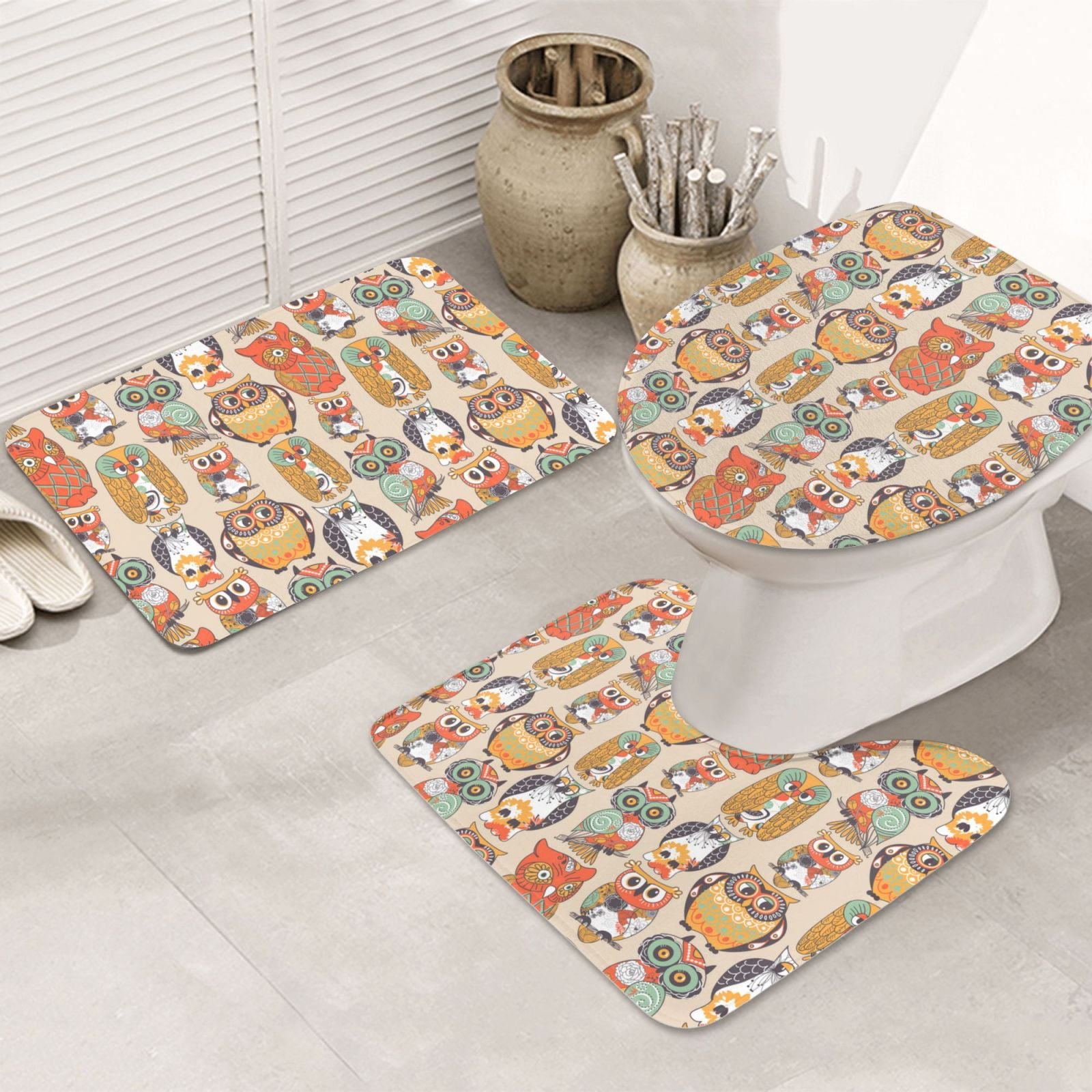 Bathroom Rugs Set 3 Piece - Bohemian Owls, Non-Slip Bath Mats, Toilet ...