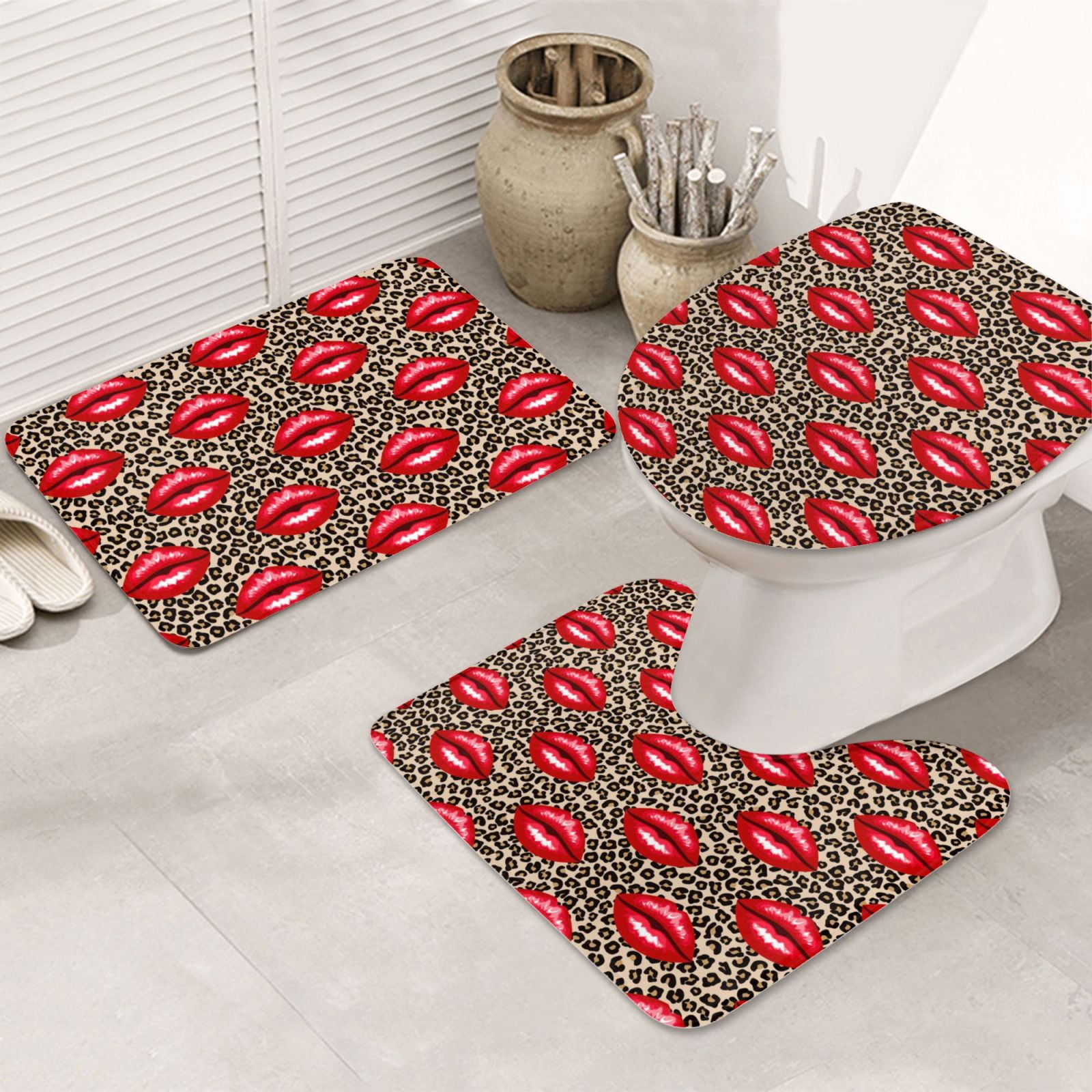 Bathroom Rugs Set 3 Piece - Bright red lips leopard, Non-Slip Bath Mats ...