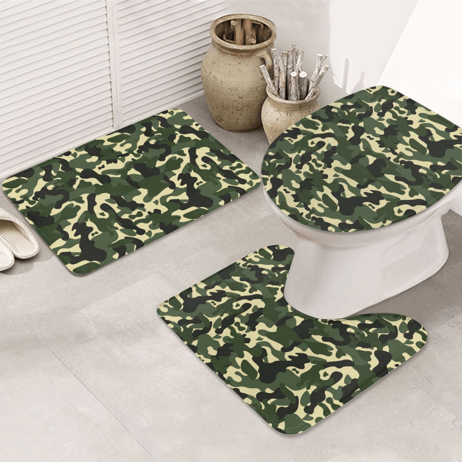 Bathroom Rugs Set 3 Piece - Camouflage Dark Green, Non-Slip Bath Mats ...