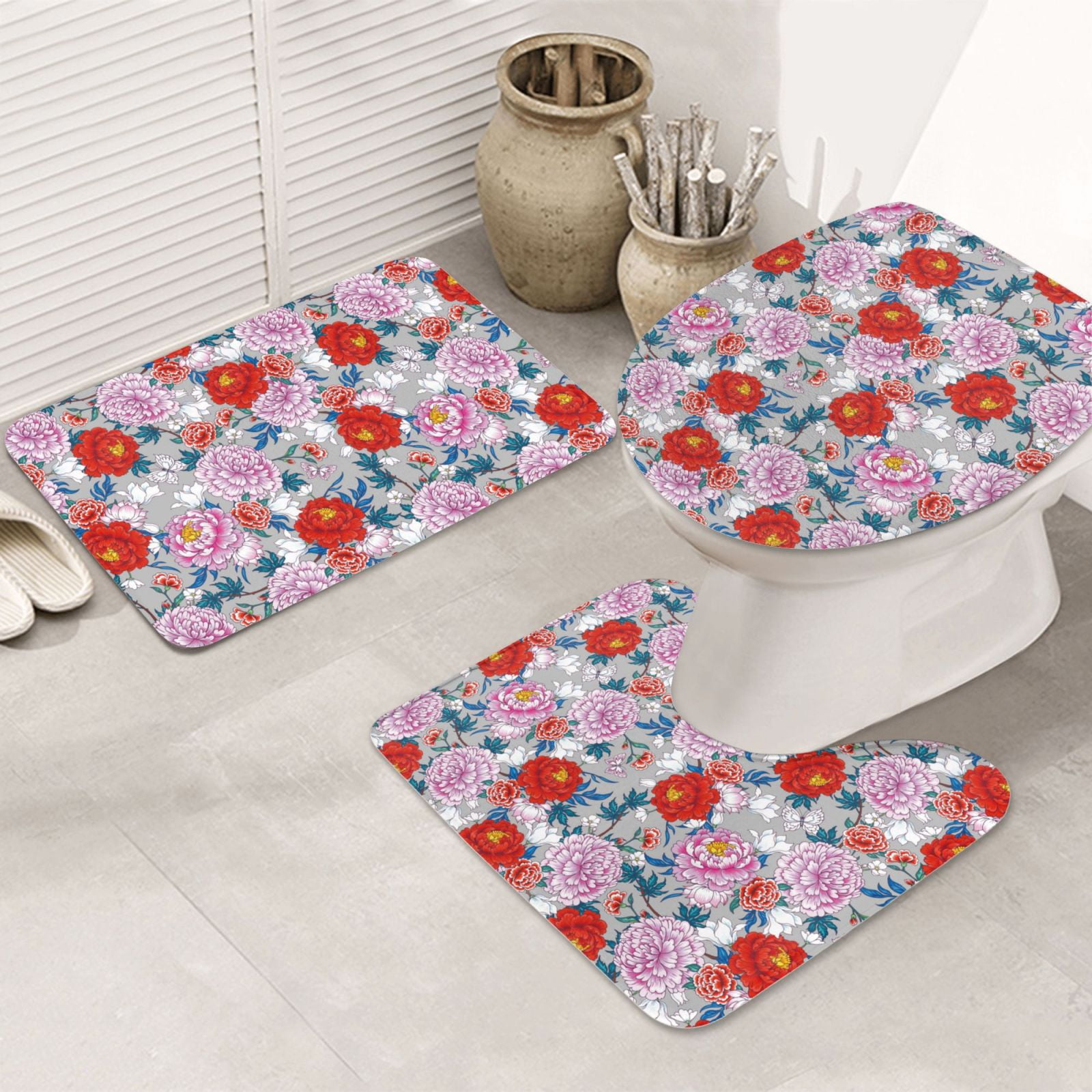 Bathroom Rugs Set 3 Piece - Colorful Carnations Flowers Butterfly, Non ...