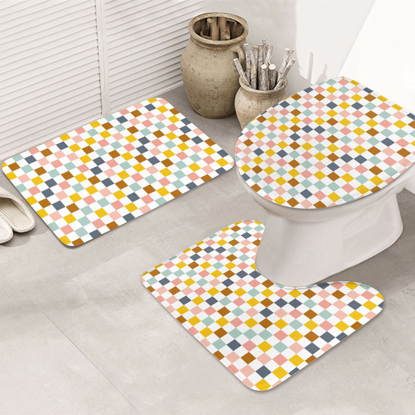Bathroom Rugs Set 3 Piece - Colorful Checkered 1, Non-Slip Bath Mats ...