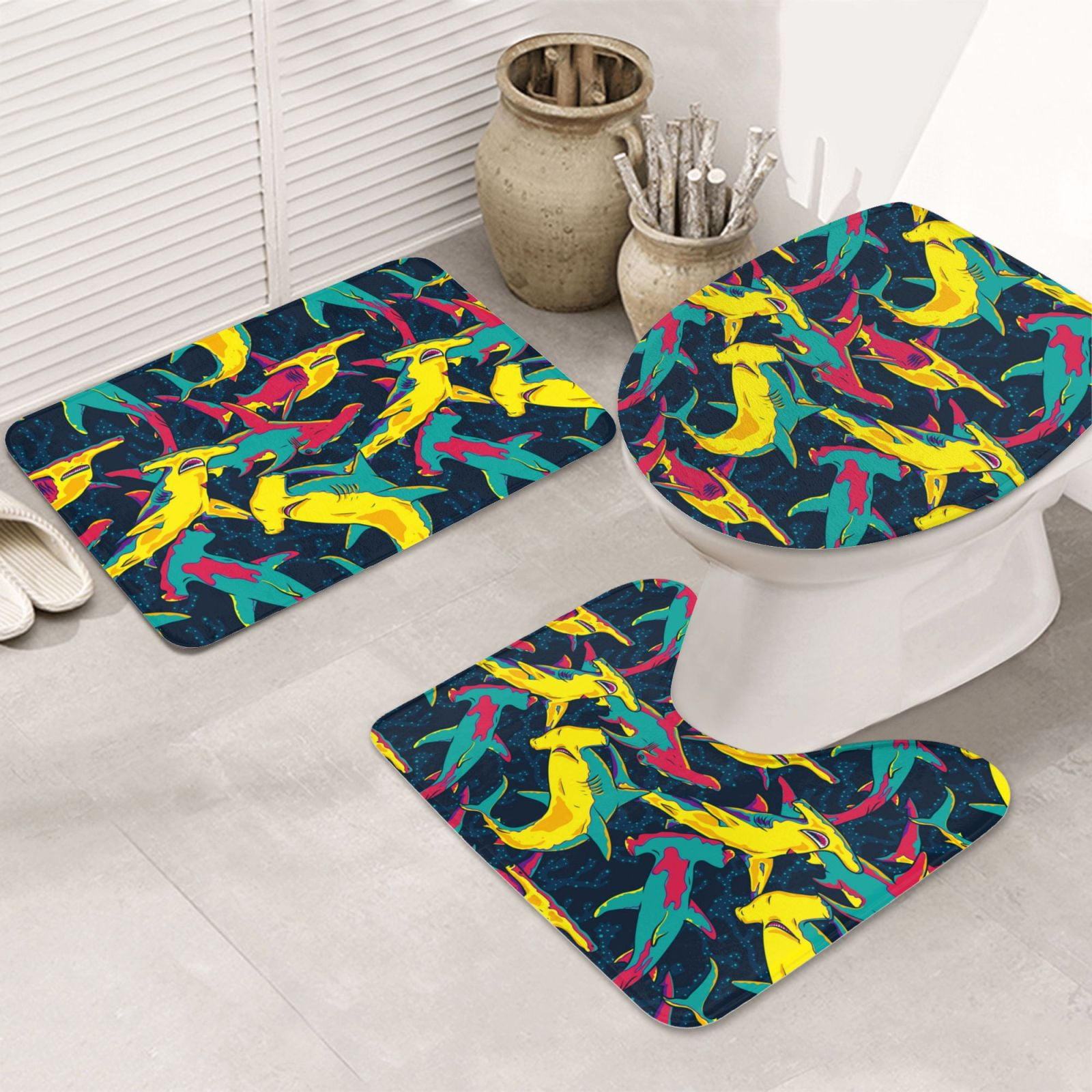 Bathroom Rugs Set 3 Piece - Colorful Sharks, Non-Slip Bath Mats, Toilet ...