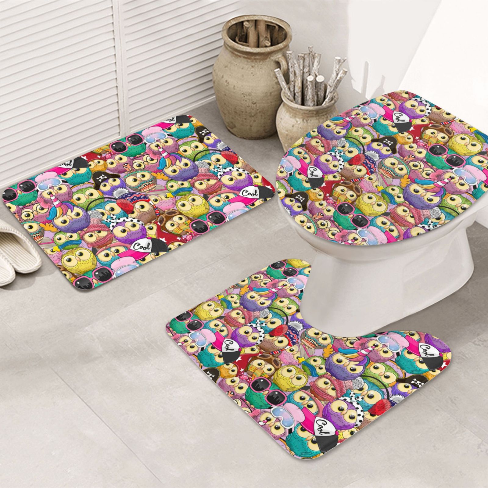 Bathroom Rugs Set 3 Piece - Colourful Cartoon Owls, Non-Slip Bath Mats ...