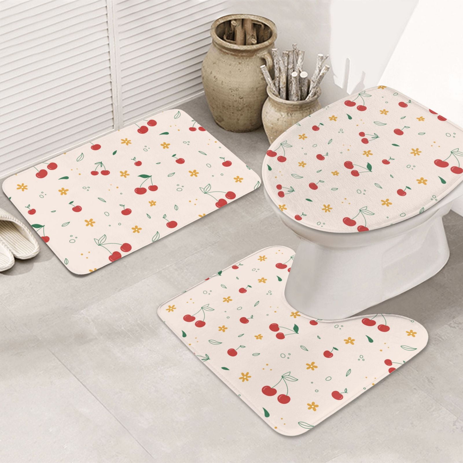 Bathroom Rugs Set 3 Piece - Cute Berry Yellow Flower, Non-Slip Bath ...