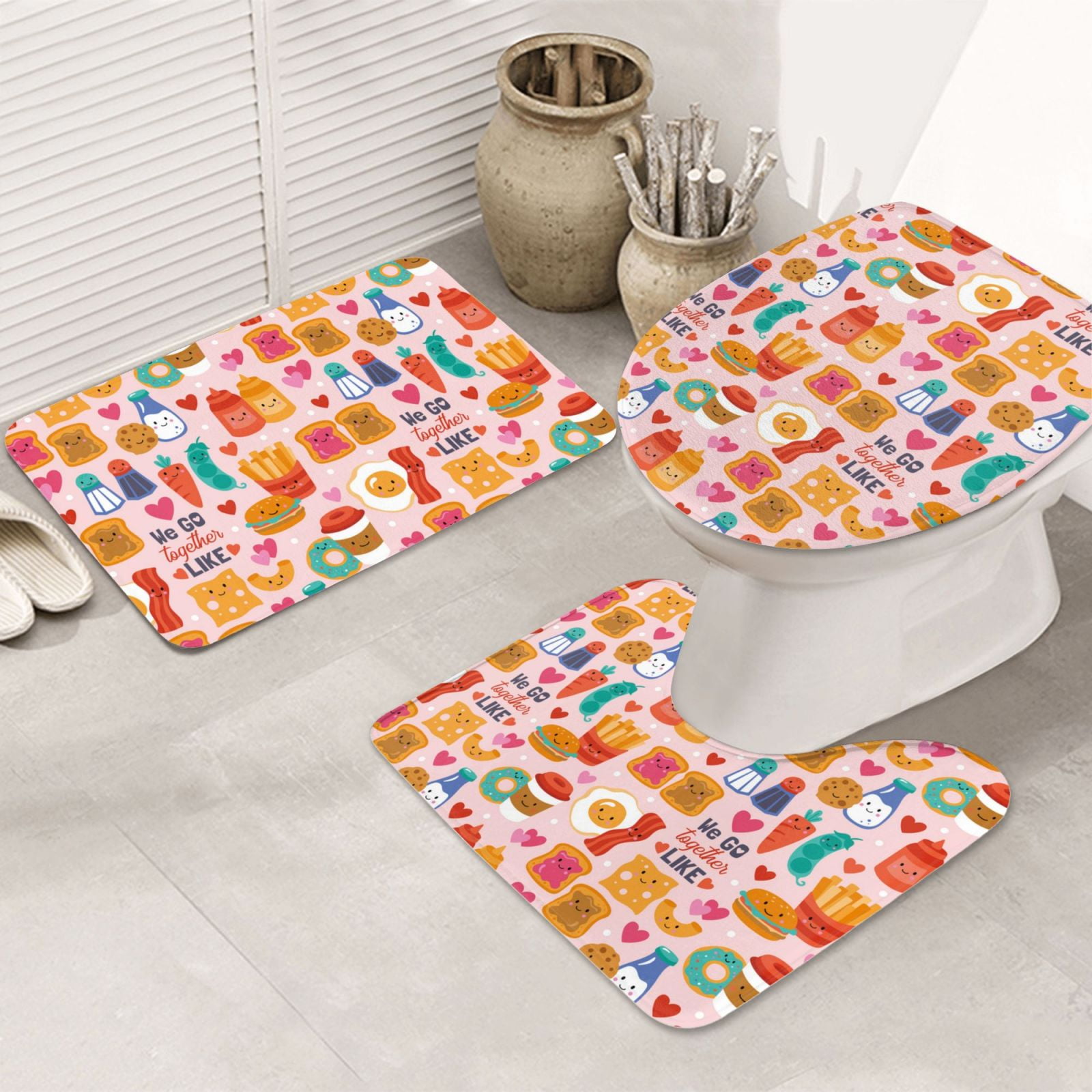 Bathroom Rugs Set 3 Piece - Cute Food Egg Bread Fries, Non-Slip Bath ...