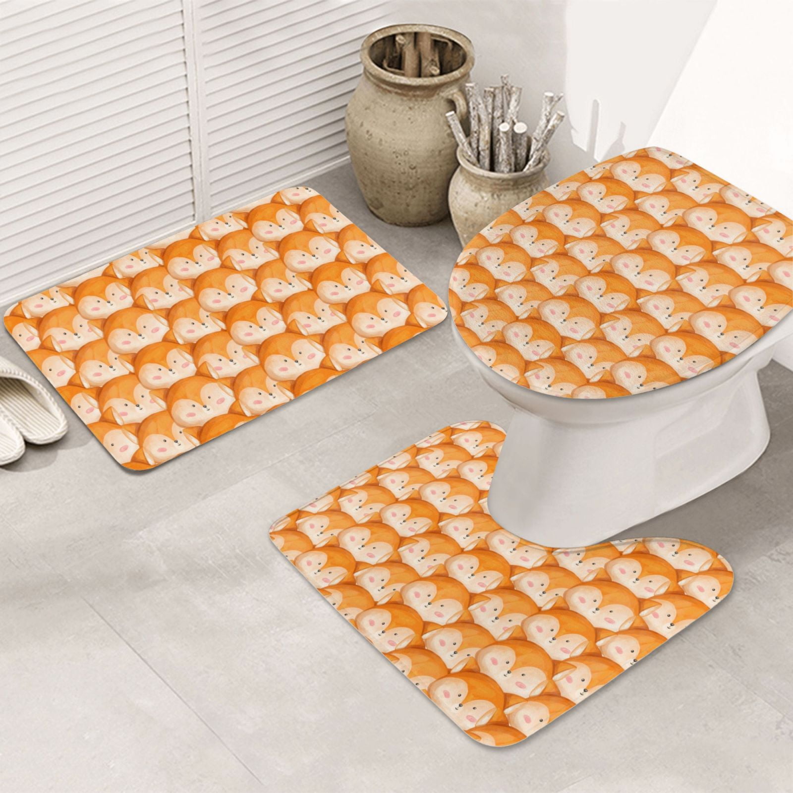 Bathroom Rugs Set 3 Piece - Cute Fox Faces Pattern, Non-Slip Bath Mats ...