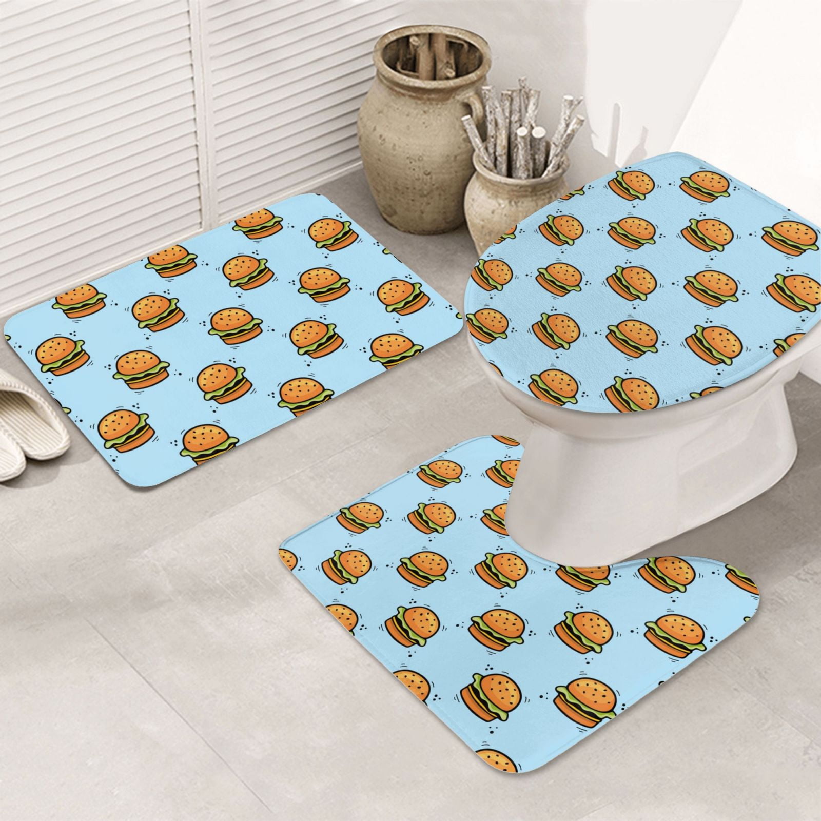 Bathroom Rugs Set 3 Piece - Cute Hamburger Blue, Non-Slip Bath Mats ...