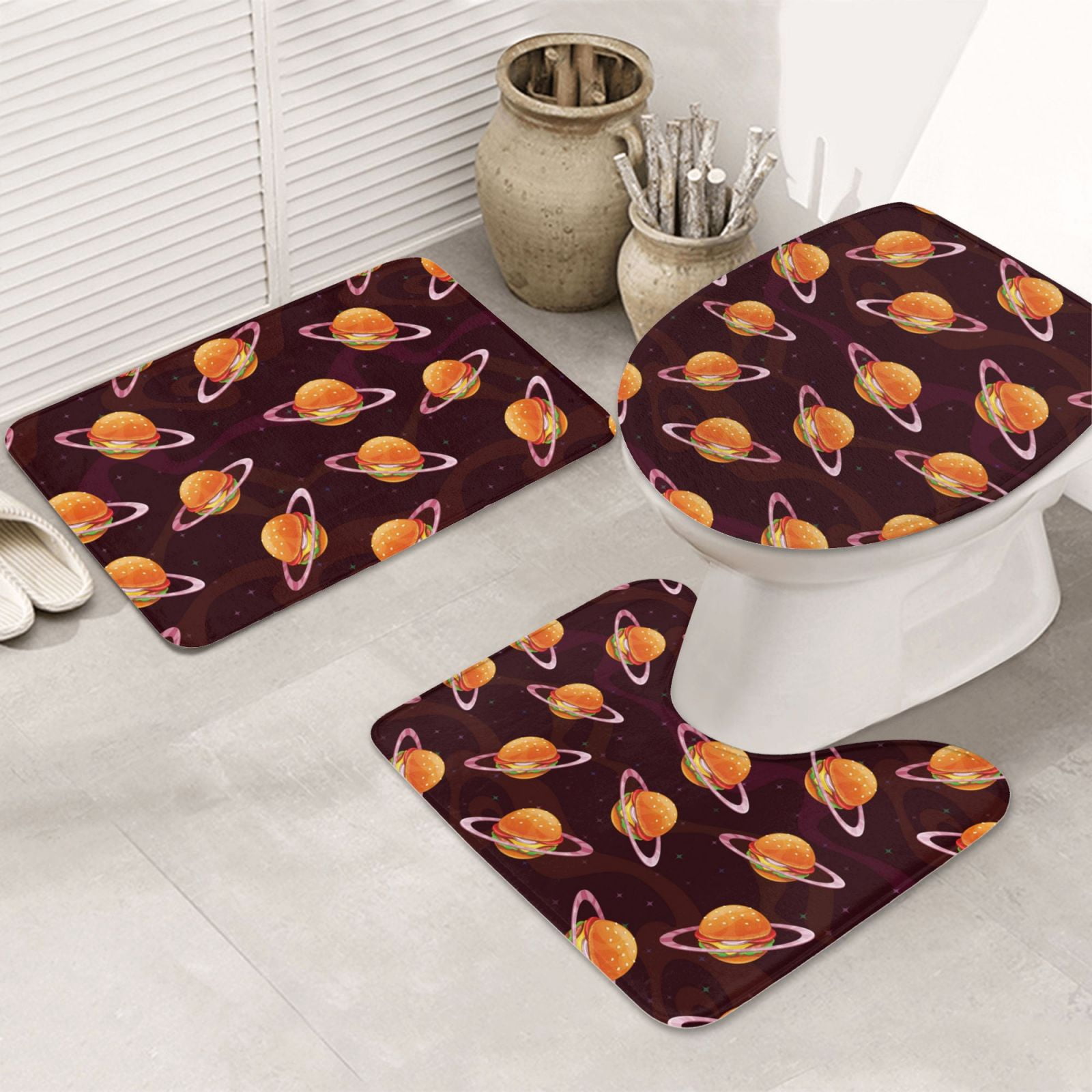 Bathroom Rugs Set 3 Piece - Cute Hamburger Burger Planet, Non-Slip Bath ...