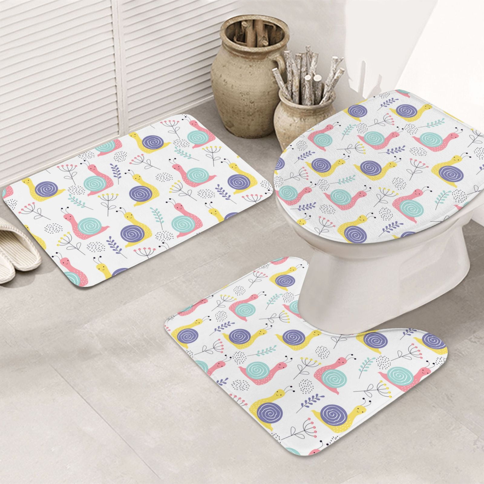 Bathroom Rugs Set 3 Piece - Cute Hand Painted Snail, Non-Slip Bath Mats ...