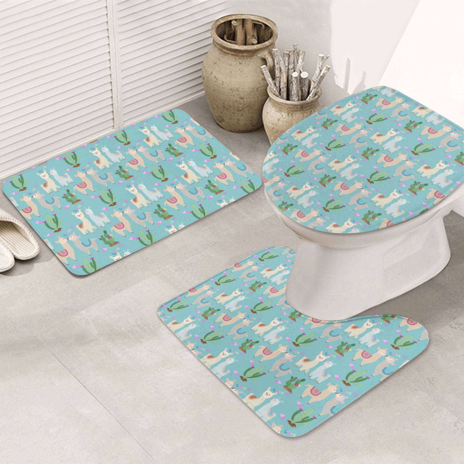 Bathroom Rugs Set 3 Piece - Cute alpaca Lamas cactus heart, Non-Slip ...