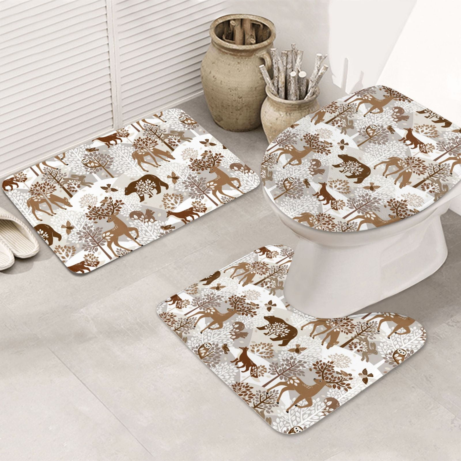 Bathroom Rugs Set 3 Piece - Deer Bear Fox Owl Rabbit Bird Tree, Non ...