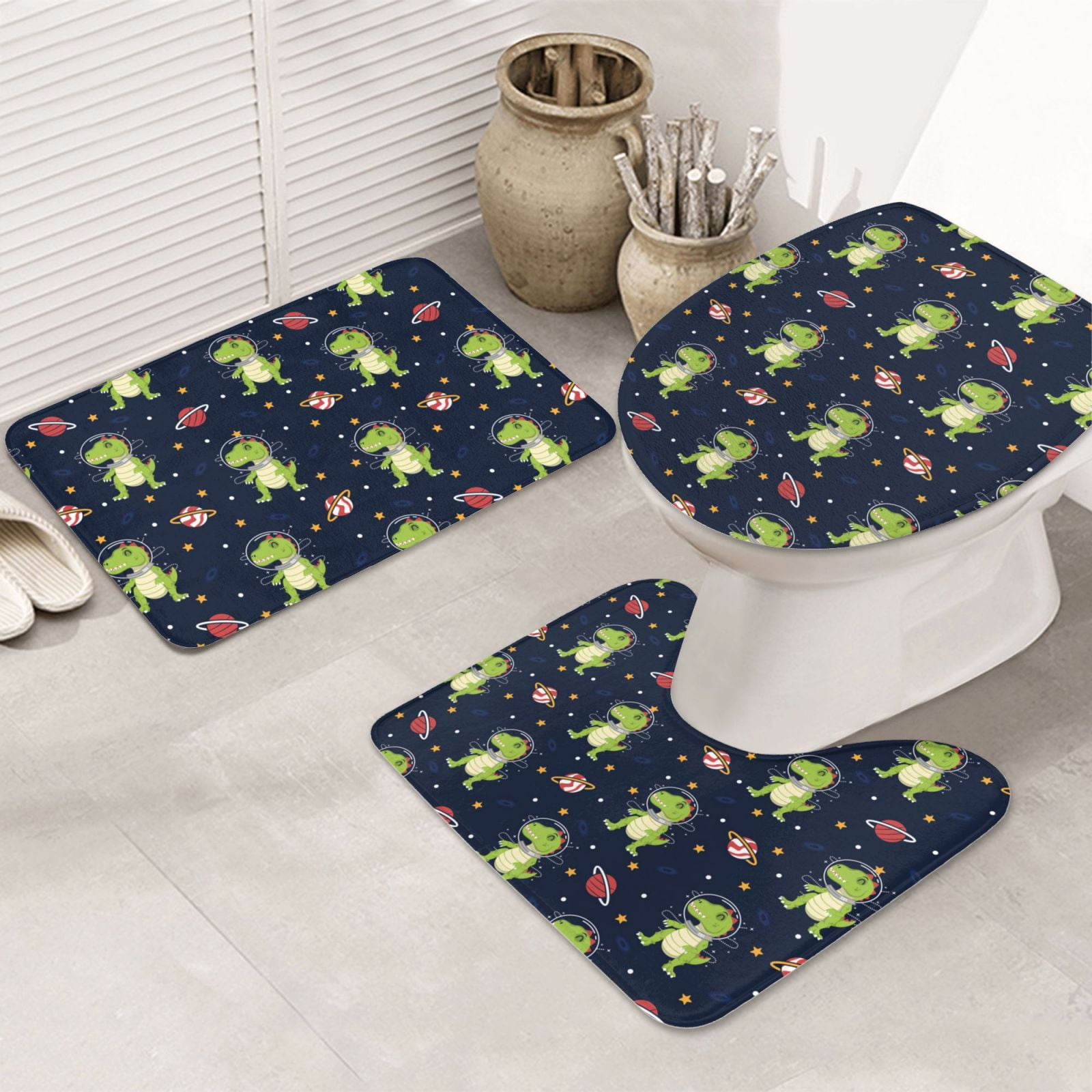 Bathroom Rugs Set 3 Piece - Dinosaur Astronaut, Non-Slip Bath Mats ...