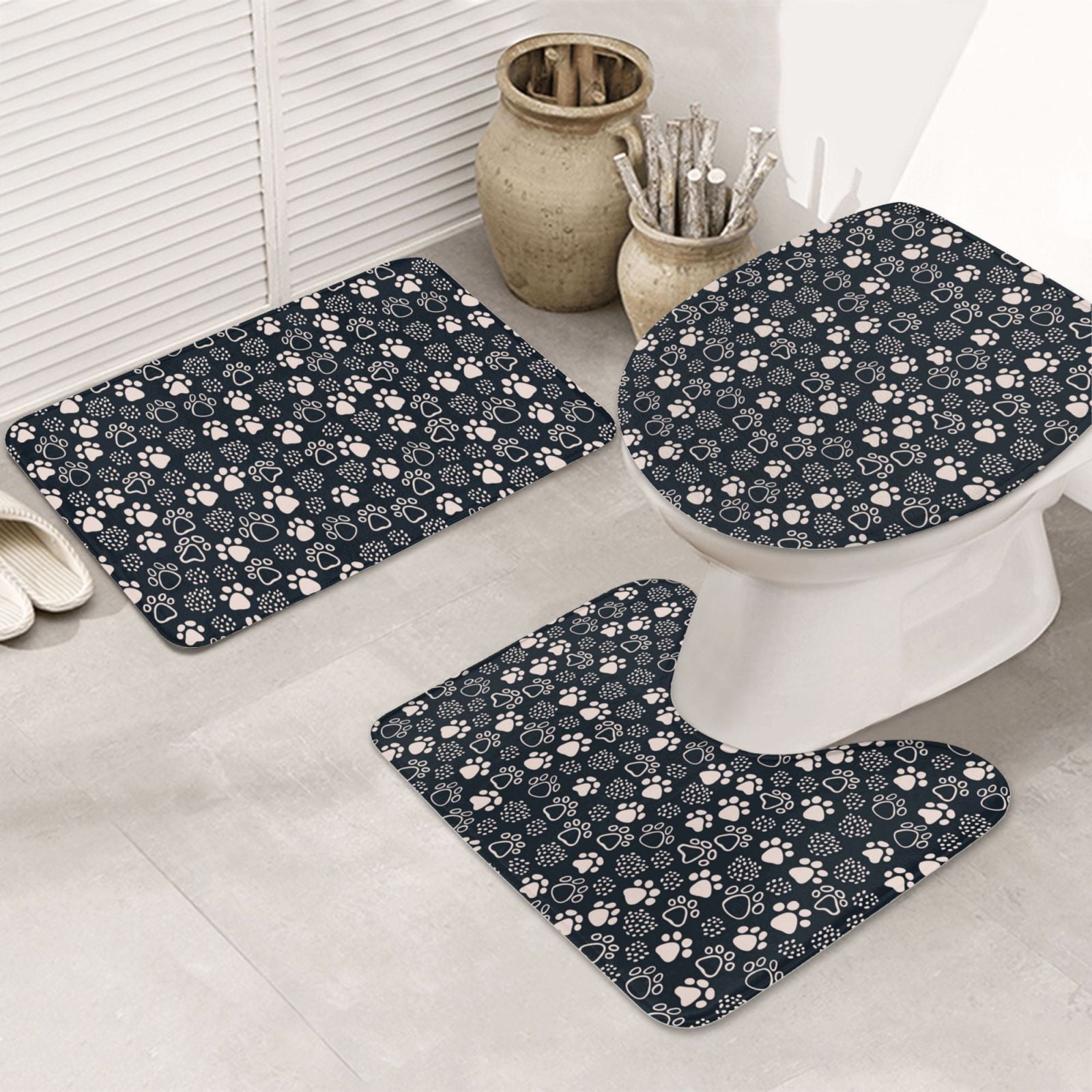 Bathroom Rugs Set 3 Piece - Dog Paw, Non-Slip Bath Mats, Toilet Lid ...