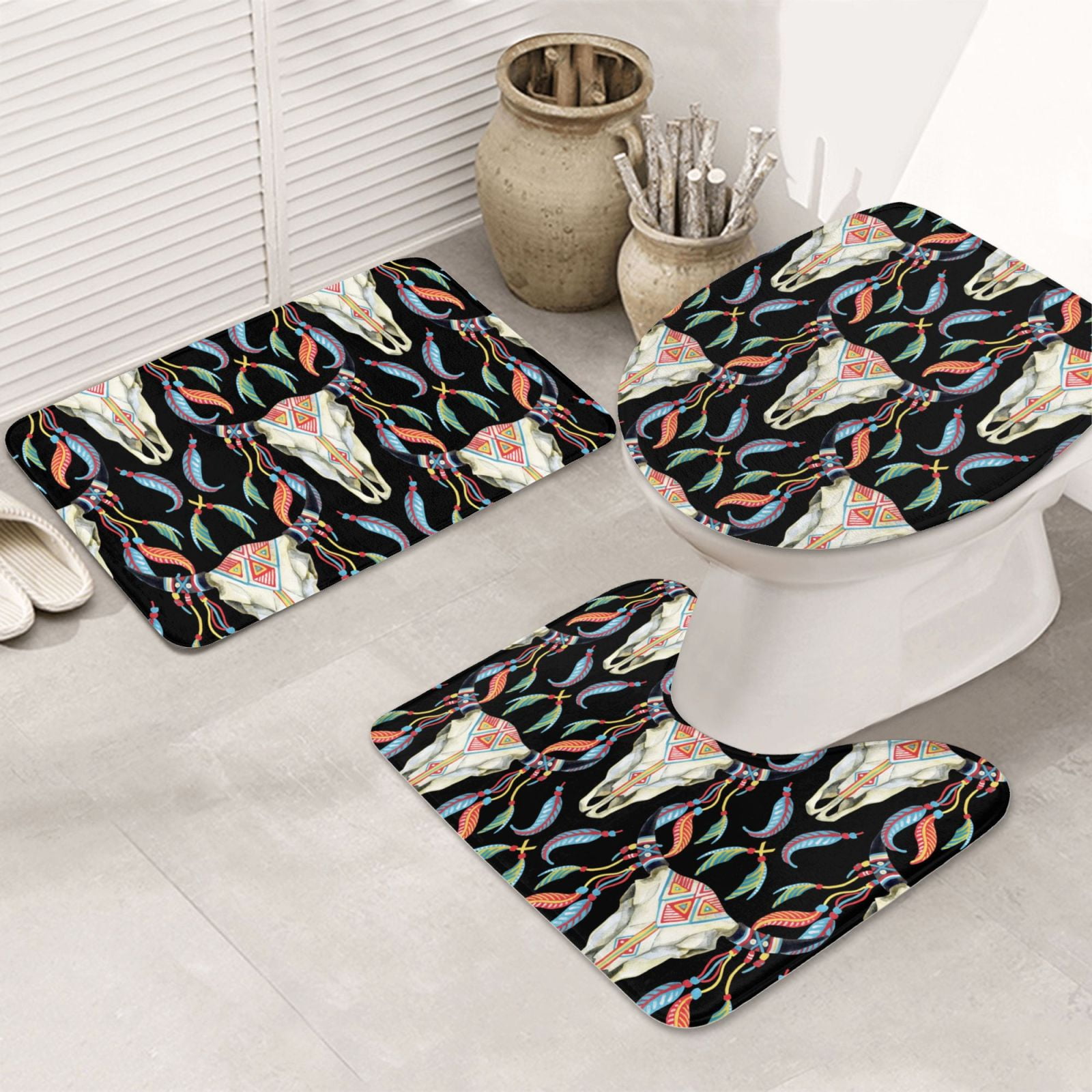 Bathroom Rugs Set 3 Piece - Exotic buffalo skull cool, Non-Slip Bath ...