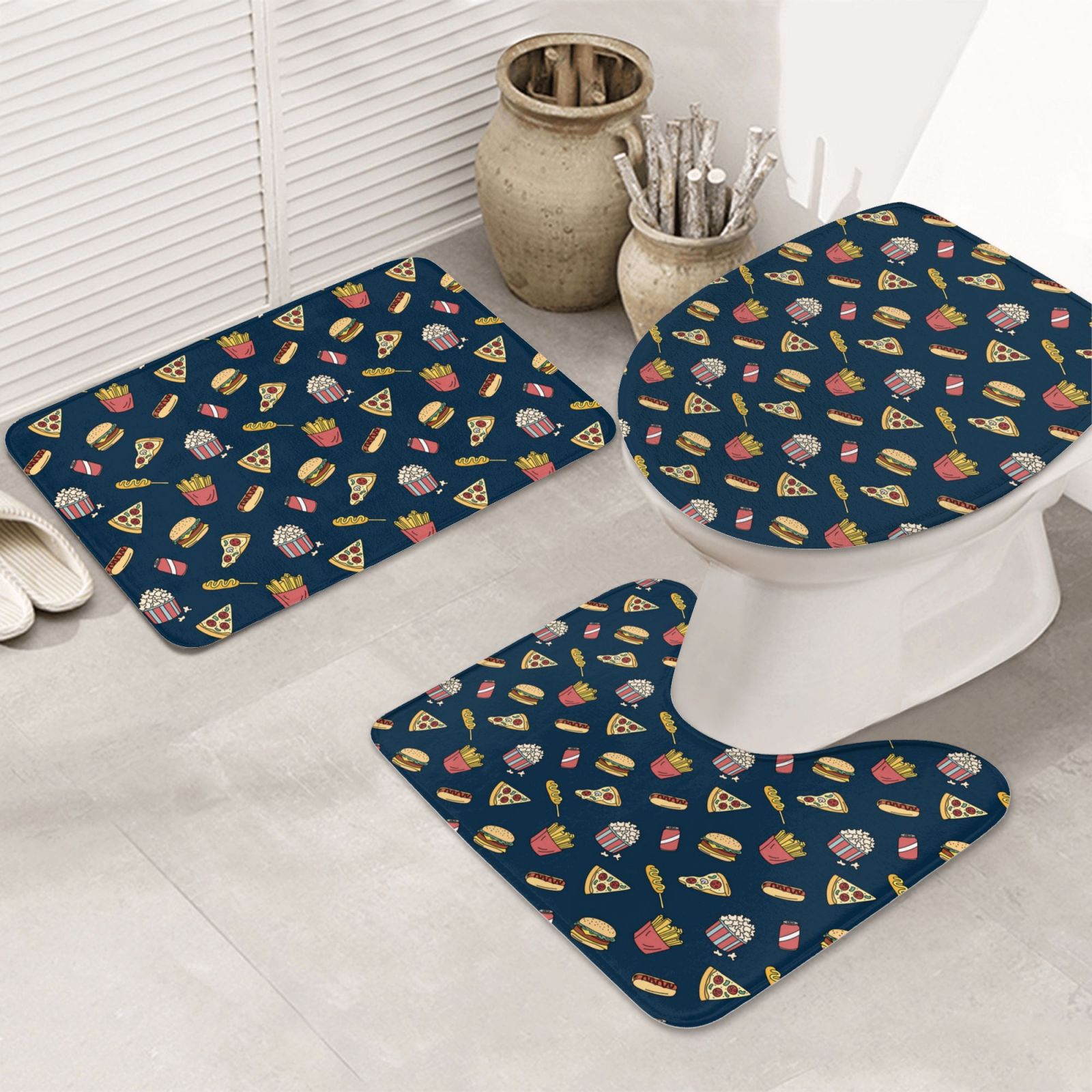 Bathroom Rugs Set 3 Piece - Fast food, Non-Slip Bath Mats, Toilet Lid ...