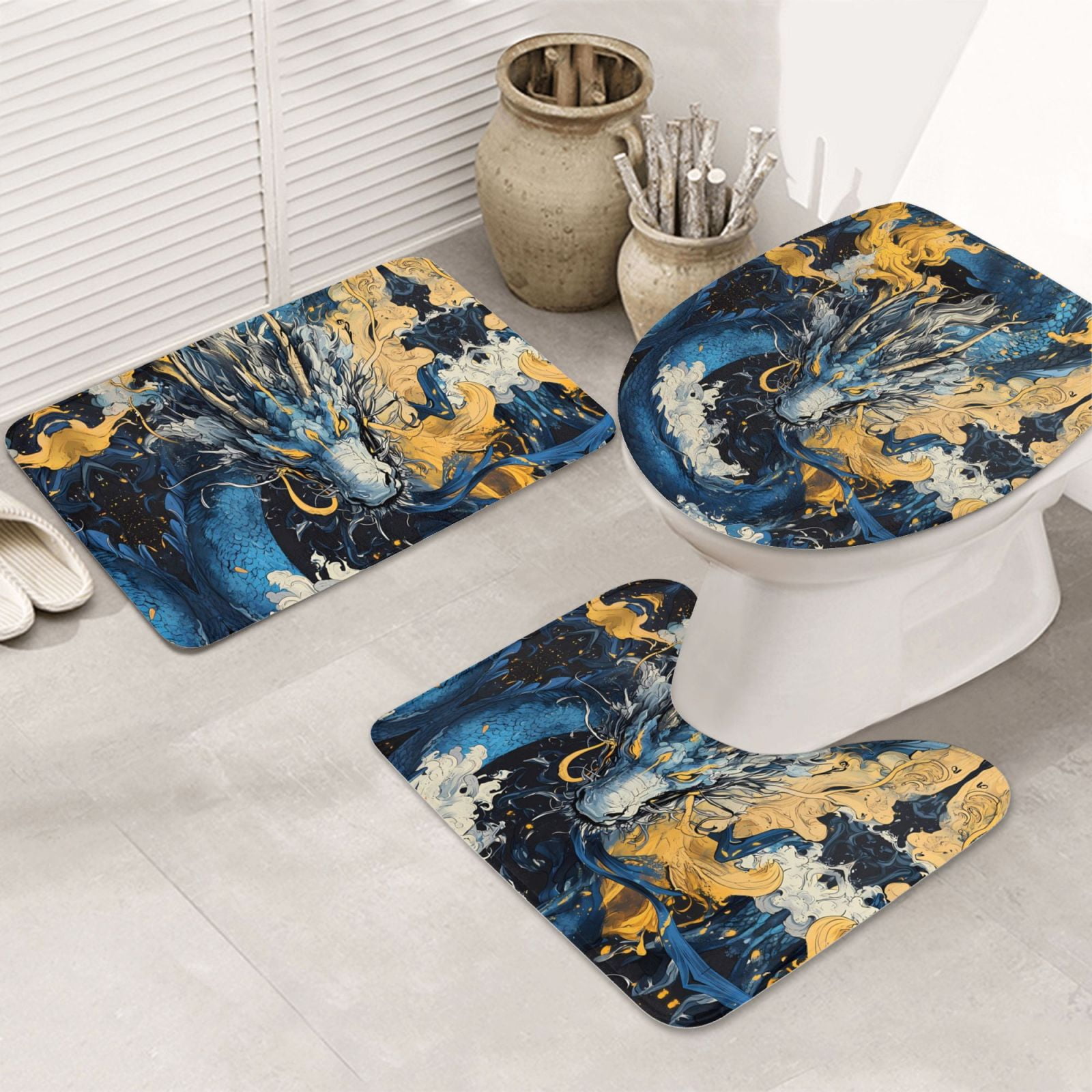 Bathroom Rugs Set 3 Piece - Golden Blue Dragon Fury, Non-Slip Bath Mats ...