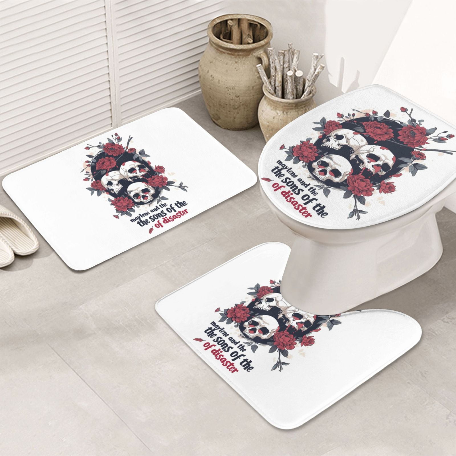 Bathroom Rugs Set 3 Piece - Gothic Skulls And Roses, Non-Slip Bath Mats ...