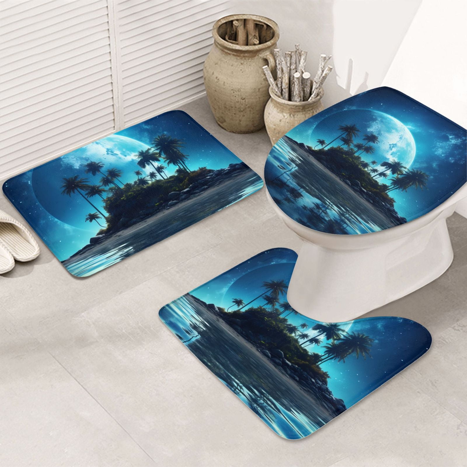 Bathroom Rugs Set 3 Piece - Hawaiian Beach Pirate Moon, Non-Slip Bath ...